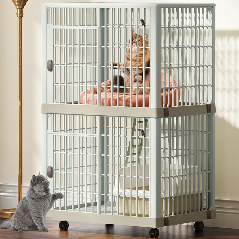 41'' 2-Tier Cat Cage Cat Crate with Door Locks and Bottom, Three-Door Design Plastic Ferret Cage ...