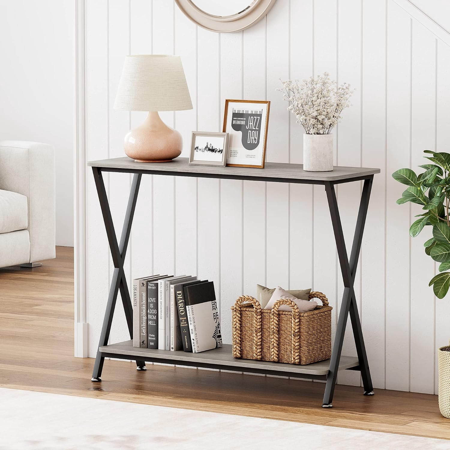 41.3/33.5" Industrial Narrow Console Table, 2-Tier Entryway Wood Table ...