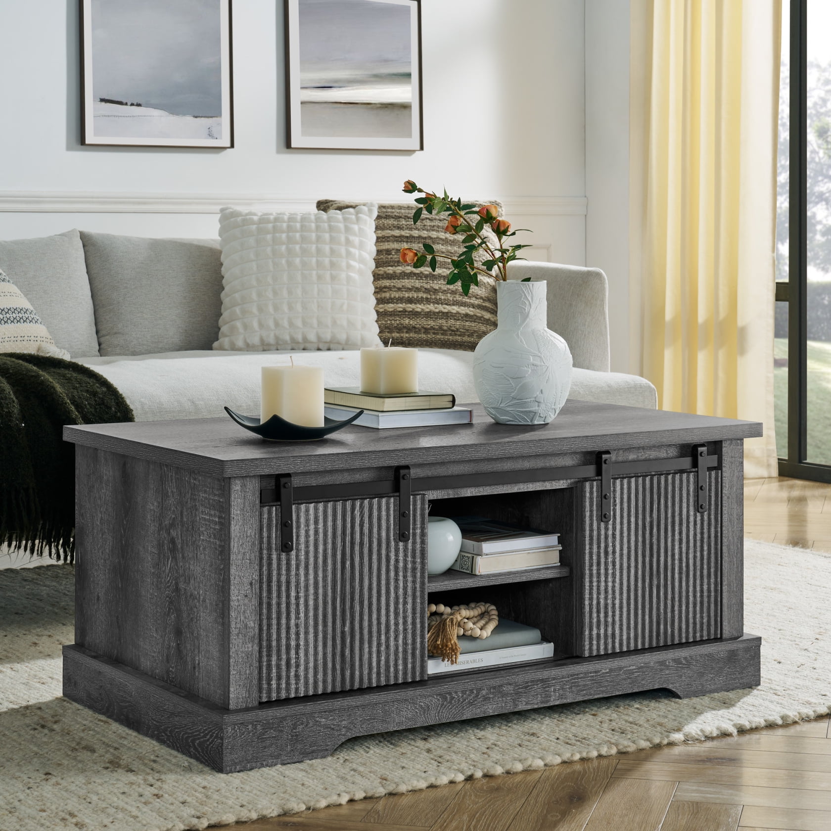 41.3'' Coffee Table with Storage and Sliding Wood Door, Industrial ...