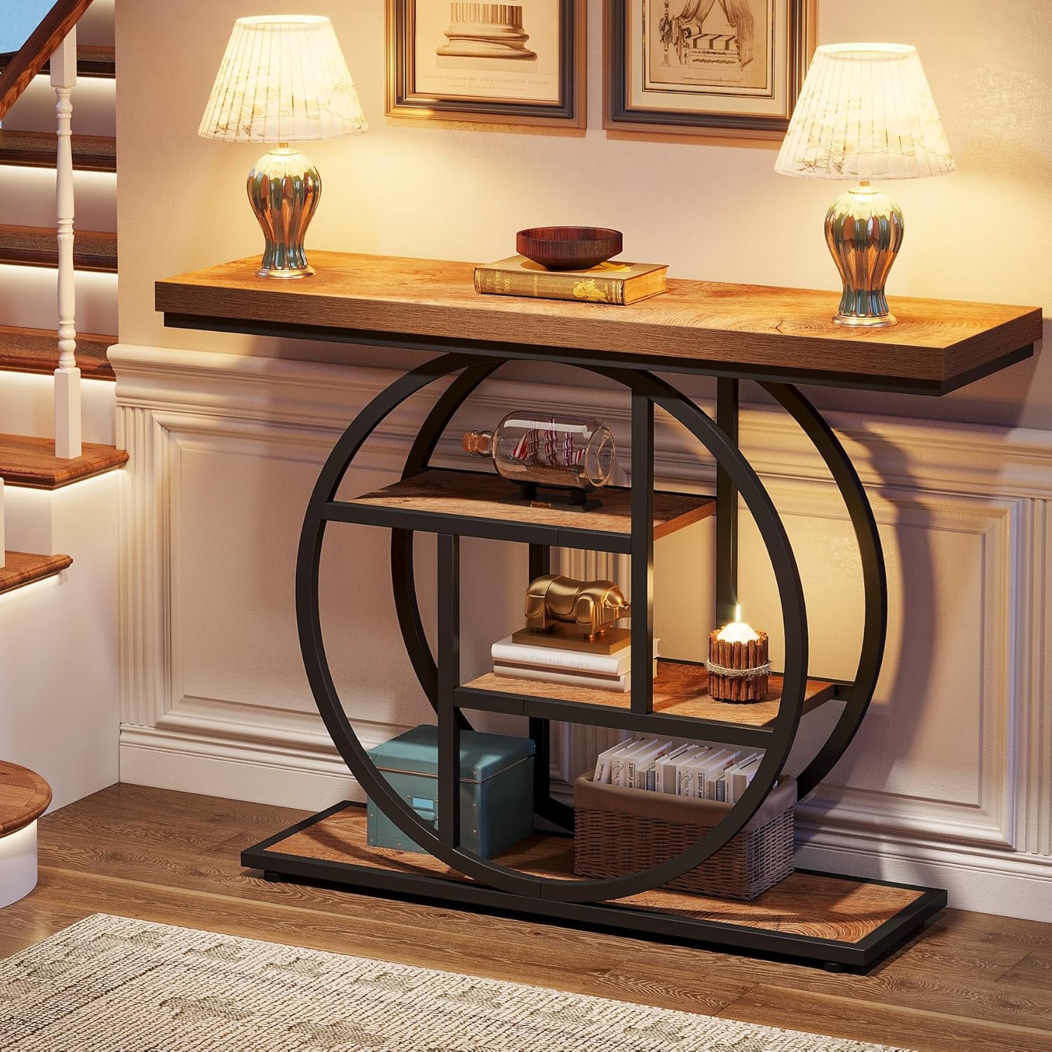 41.3" Console Table, Industrial 4-Tier Sofa Table Entryway Table with Circle Base, Narrow Wood ...