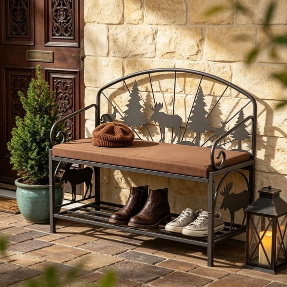 41.3" Entryway Shoe Bench, Rustic Metal with Forest Design, Padded ...