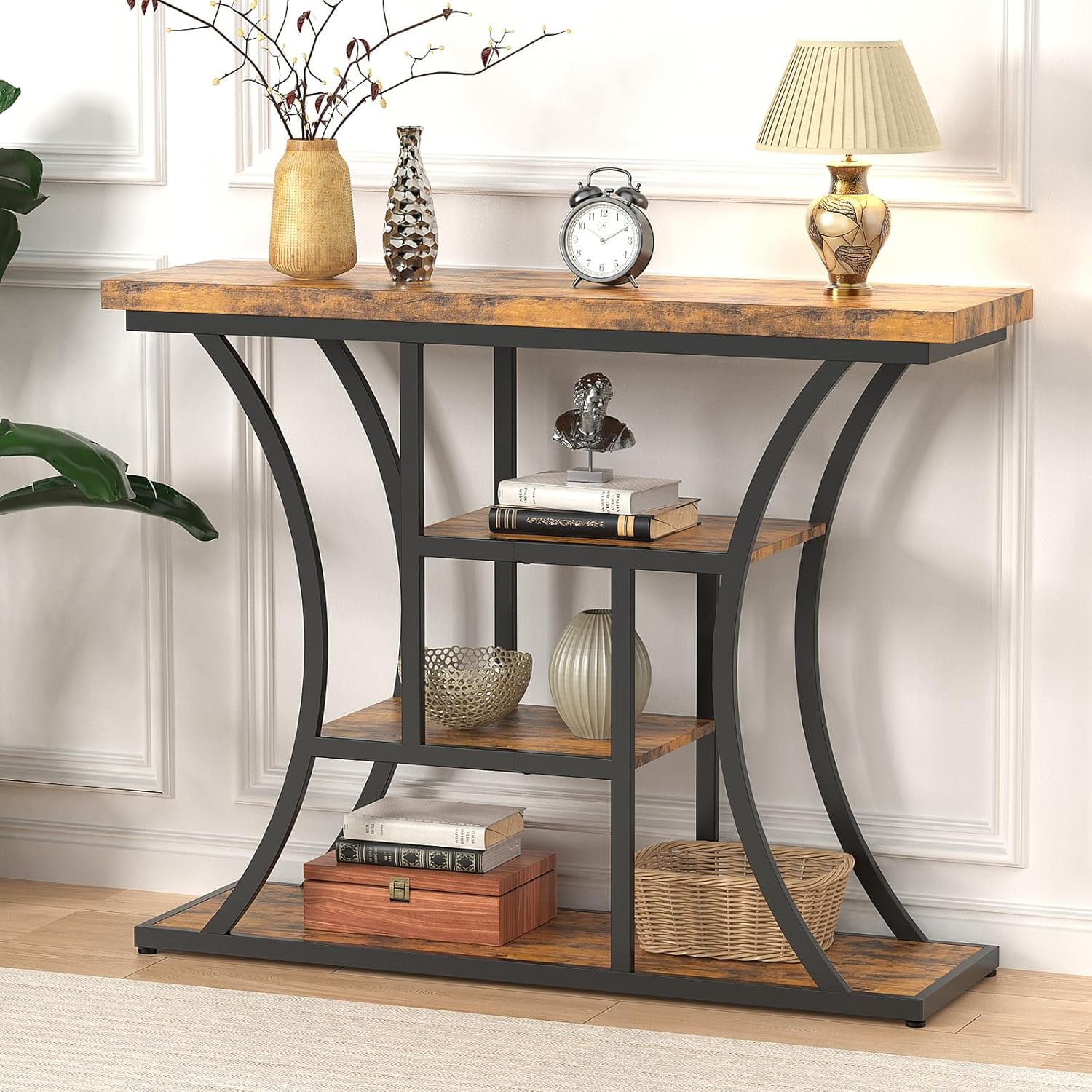 41.3" Industrial 4 - Tier Console Table with Curved Metal Frame, Narrow ...