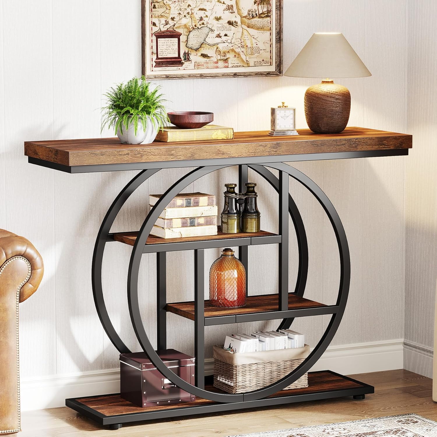 41.3" Industrial Console Table - 4-Tier Narrow Sofa Table with Circle Base & Storage Shelves for ...