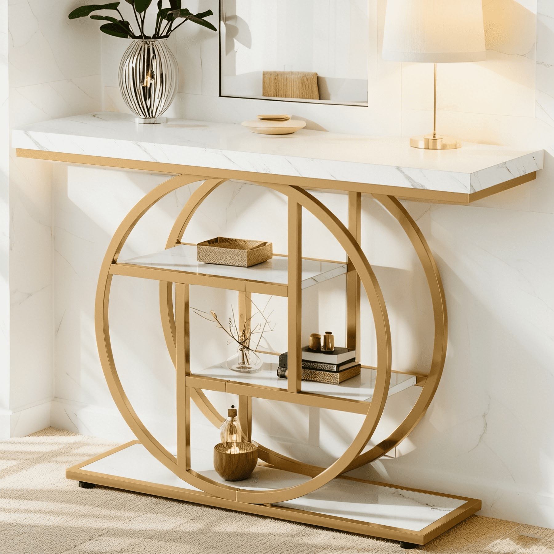 41.3" Industrial Console Table, 4-Tier Sofa Entryway Table with Circle ...