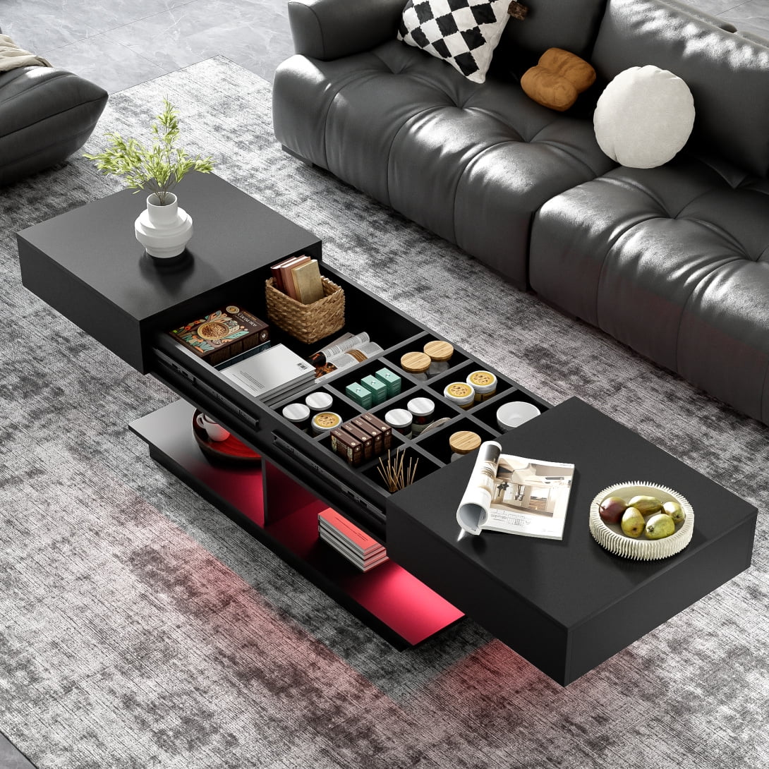 41.3'' LED Coffee Table with Multiple Storage Compartments, Modern ...