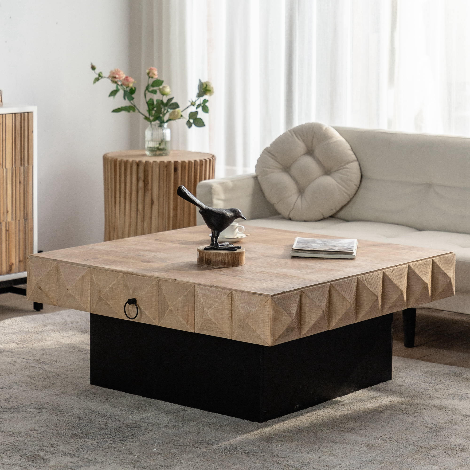 41.33"Square Retro Coffee Table with 2 Drawers, Three-dimensional ...