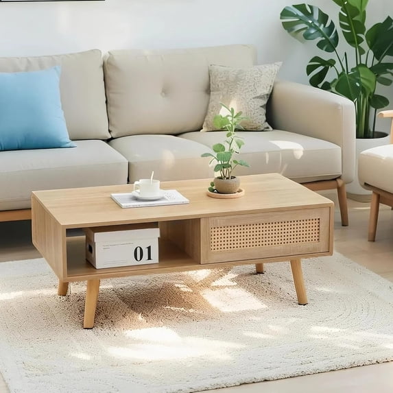 41.34‘’ Rattan Coffee Table with Storage, Boho Coffee Table with ...