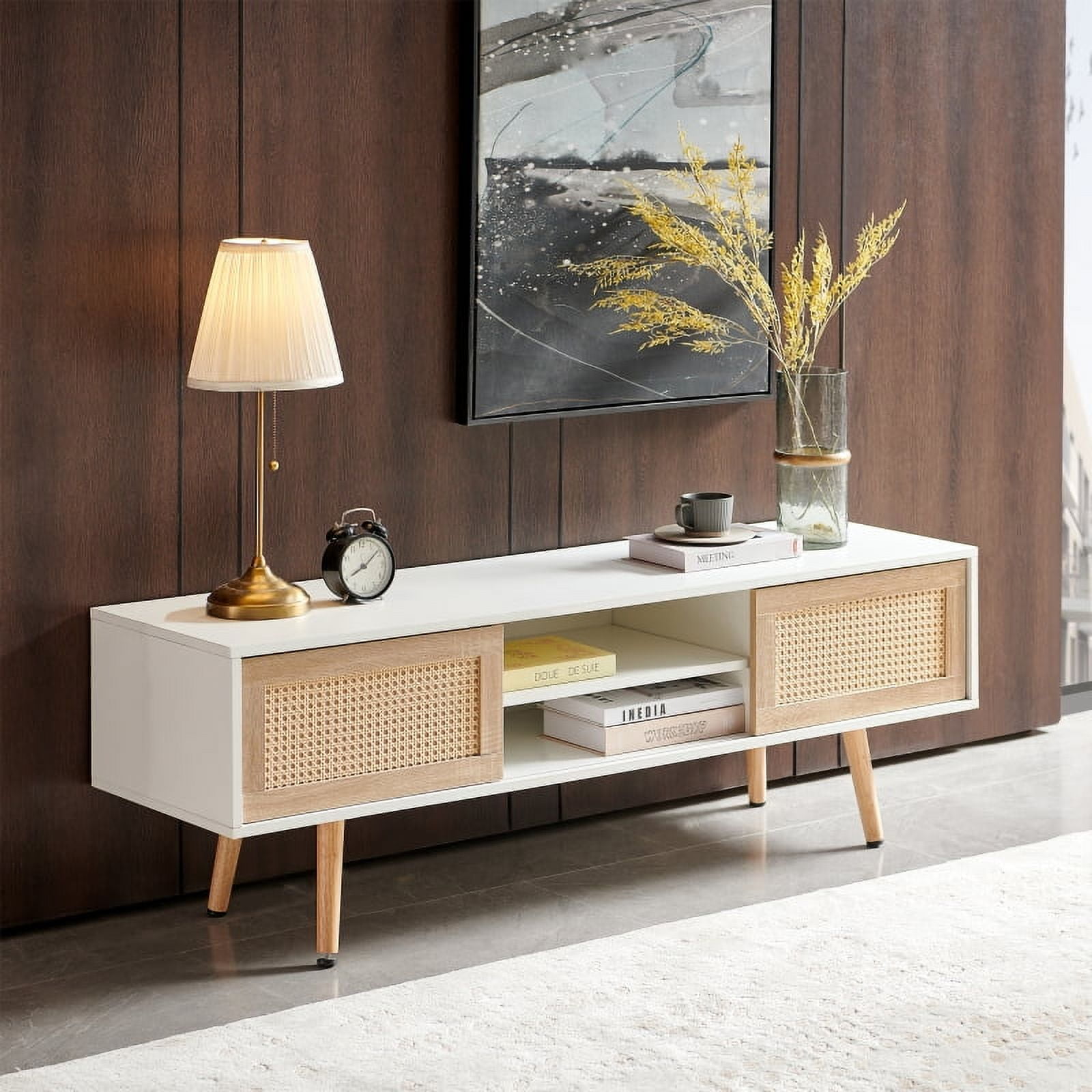 41.34" Rattan Coffee table, sliding door for storage, solid wood legs ...
