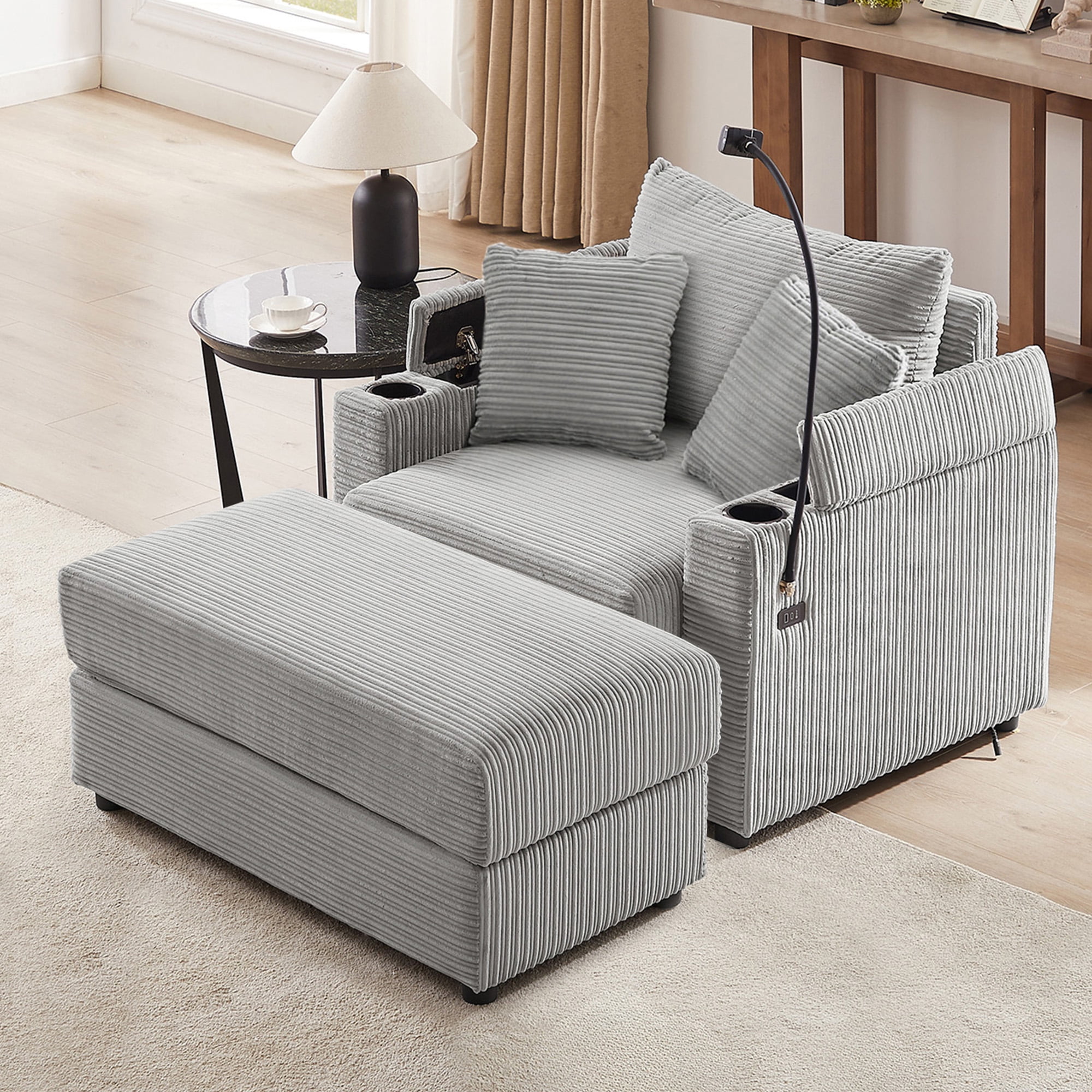 41.7" Corduroy Single Sofa Chair with Movable Ottoman, Storage Armrests ...