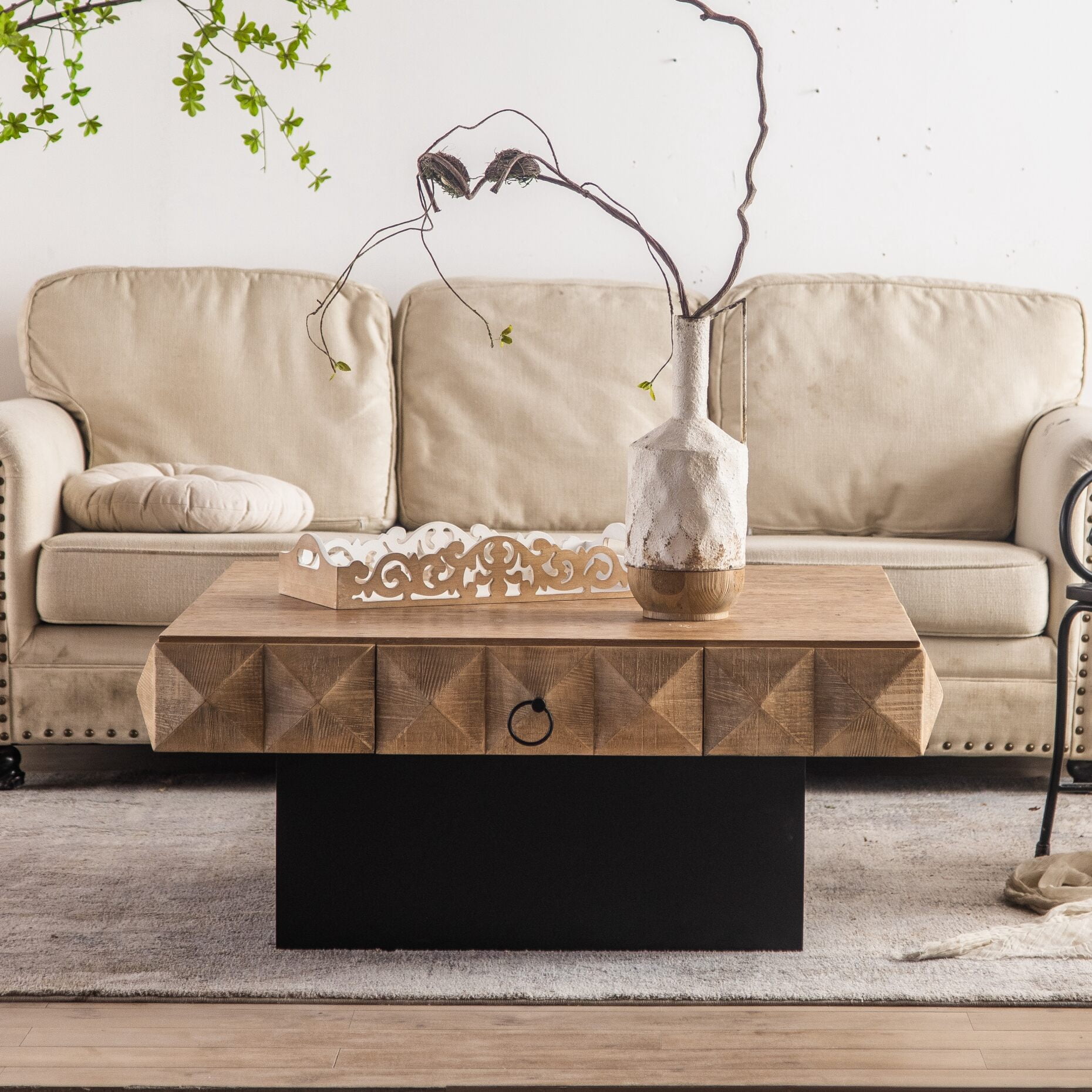 41.73" Vintage Square Wood Coffee Table with Three-Dimensional Embossed ...