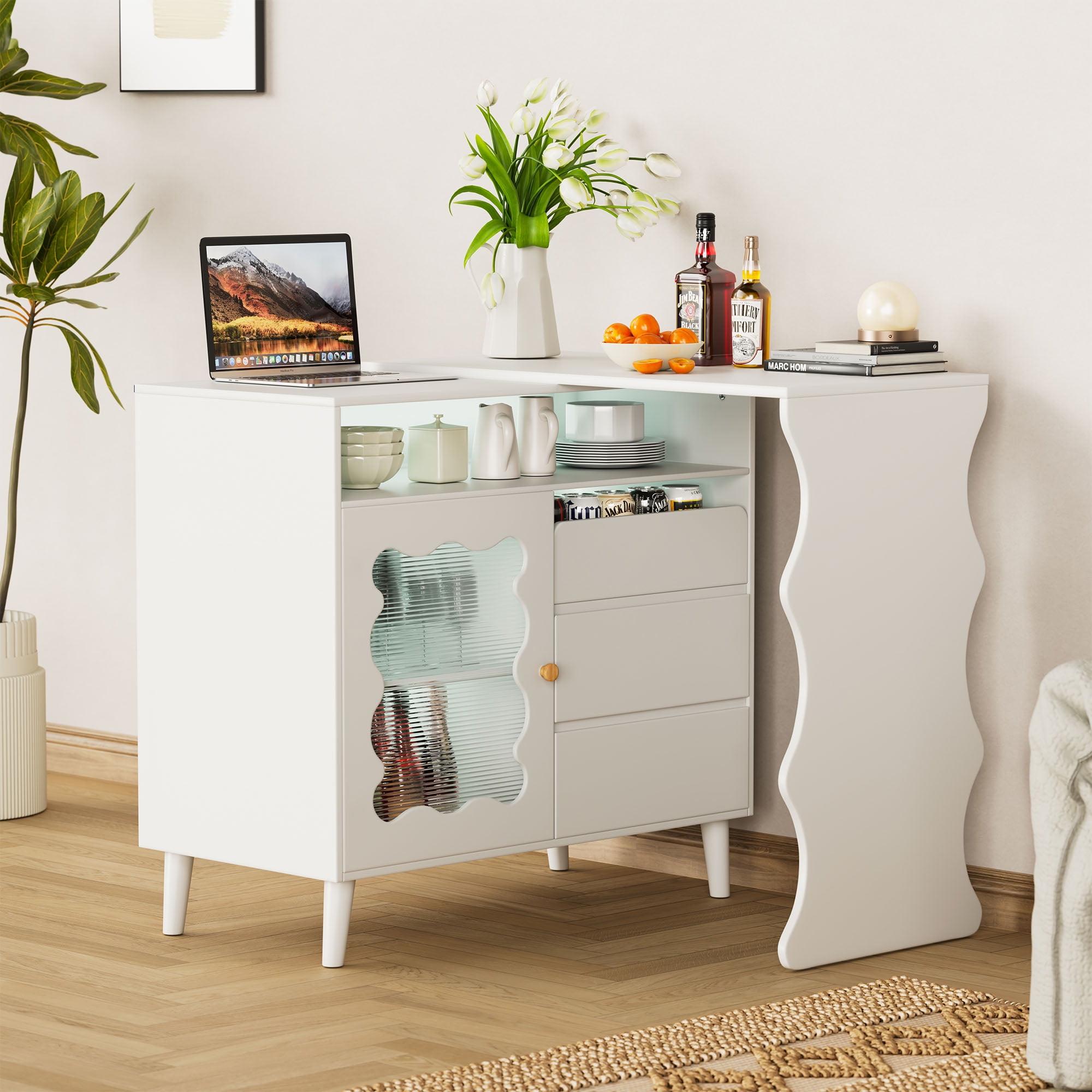 41"-79" LED L-Shaped Modern Sideboard Buffet Cabinet, Wood Extendable ...