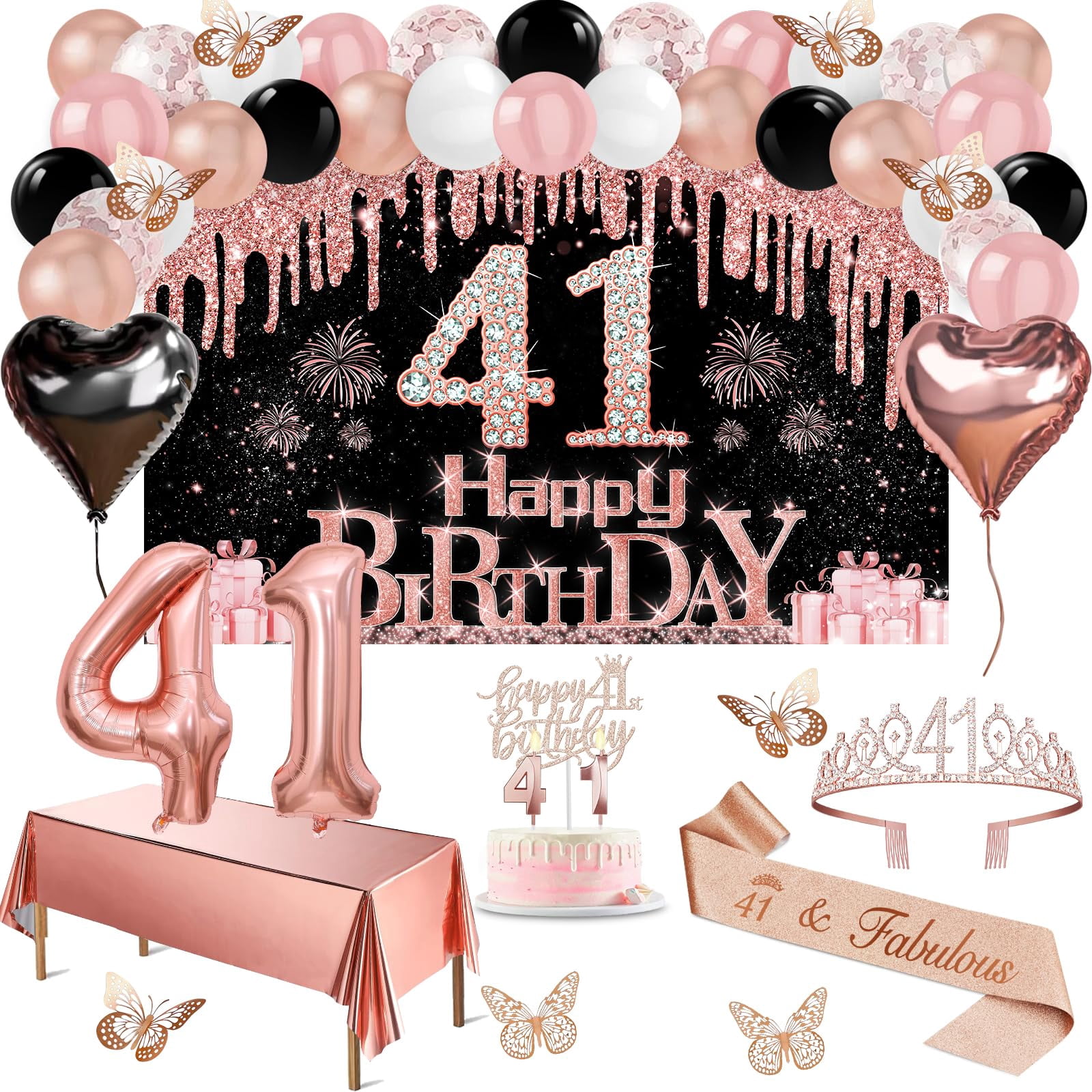 41 Birthday Decorations for Women, 49pcs Black Rose Gold Black Happy ...