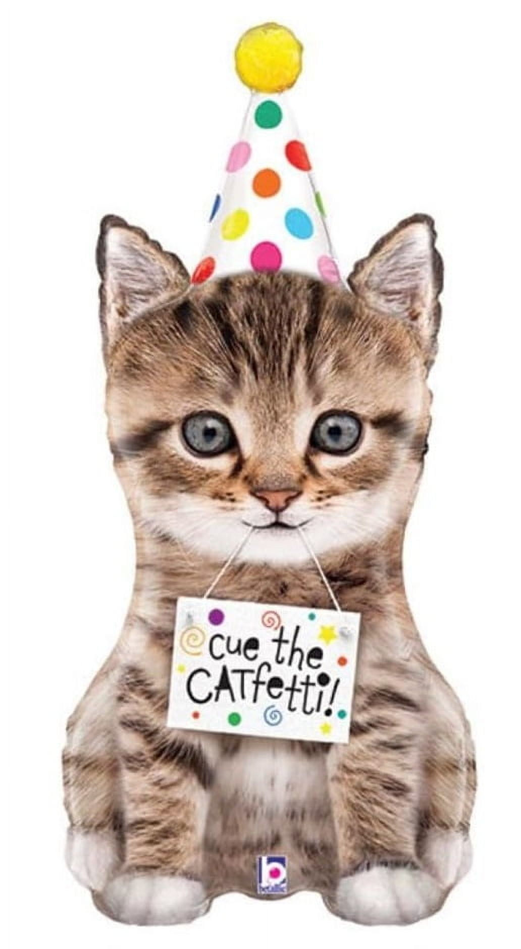 41" Cue The Catfetti Cat Kitten with Party Hat Shape Mylar Foil Balloon ...