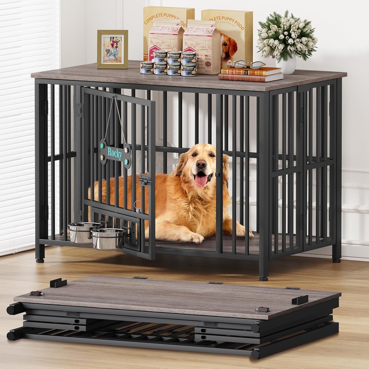 POAO 41"Dog Crate Furniture Foldable,No Assembly Dog Kennel Indoor for ...