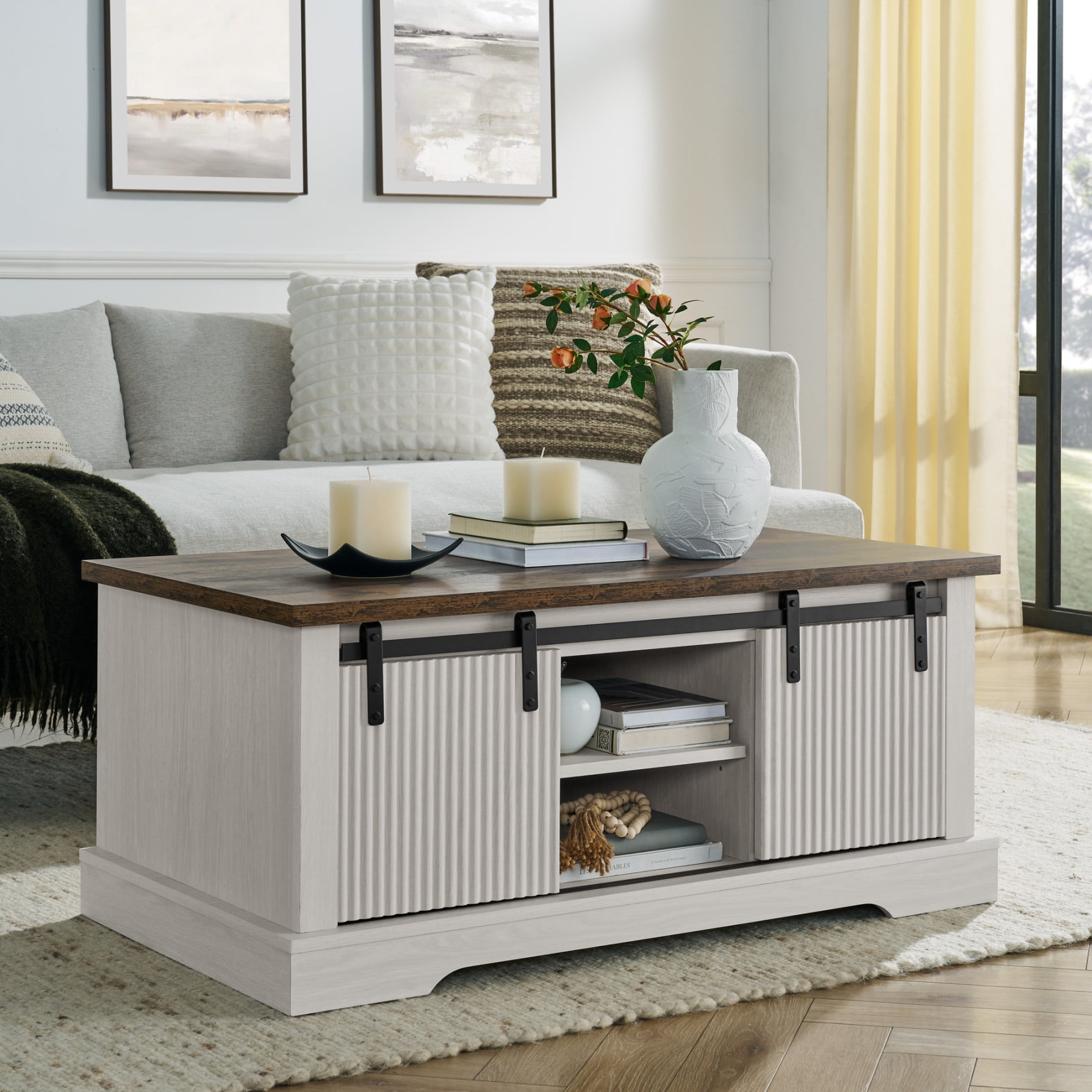 41" Farmhouse Coffee Table with Storage and Sliding Barn Doors ...