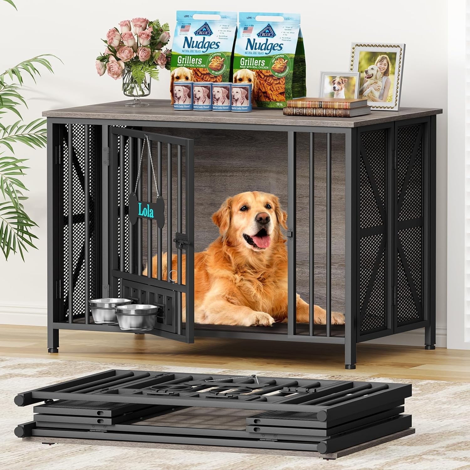 POAO 41" Foldable Dog Crate Furniture, Assembly-Free Dog Crates for ...