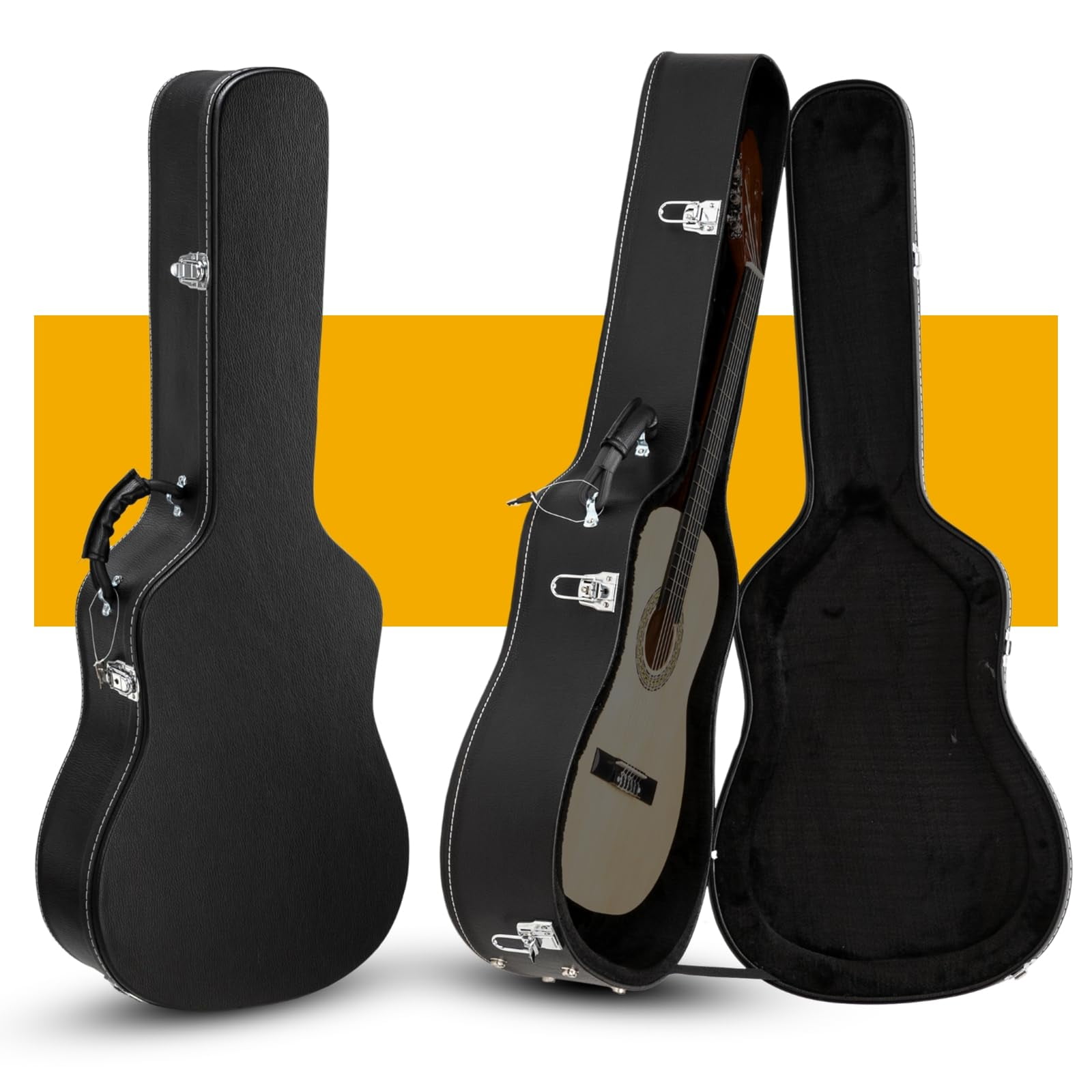 41 Inch Classical Guitar Hard Shell Case, Wooden Exterior with PVC Leather Finish, Lockable ...