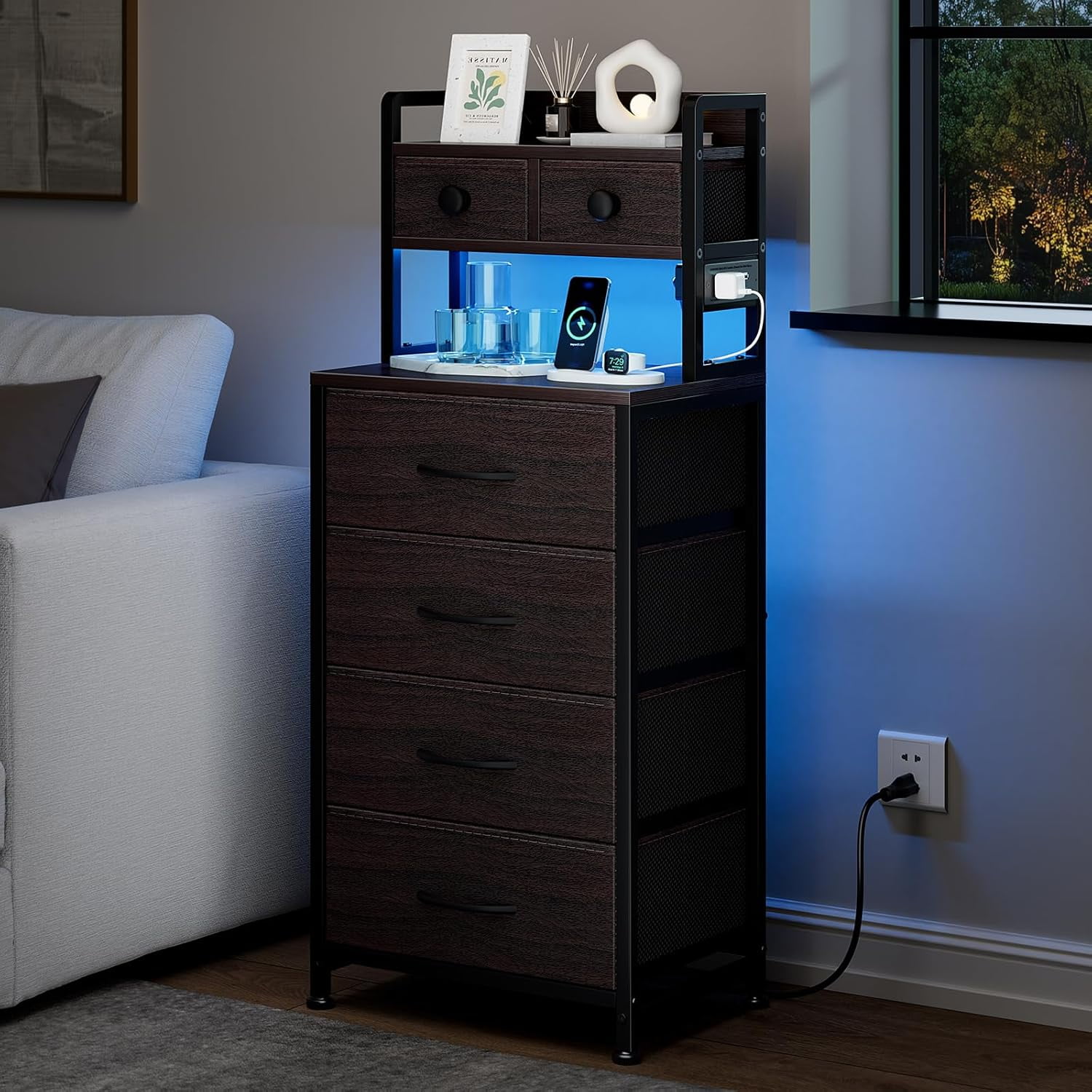 41 Inch Tall Nightstand with Charging Station, LED Night Stand with 6 ...