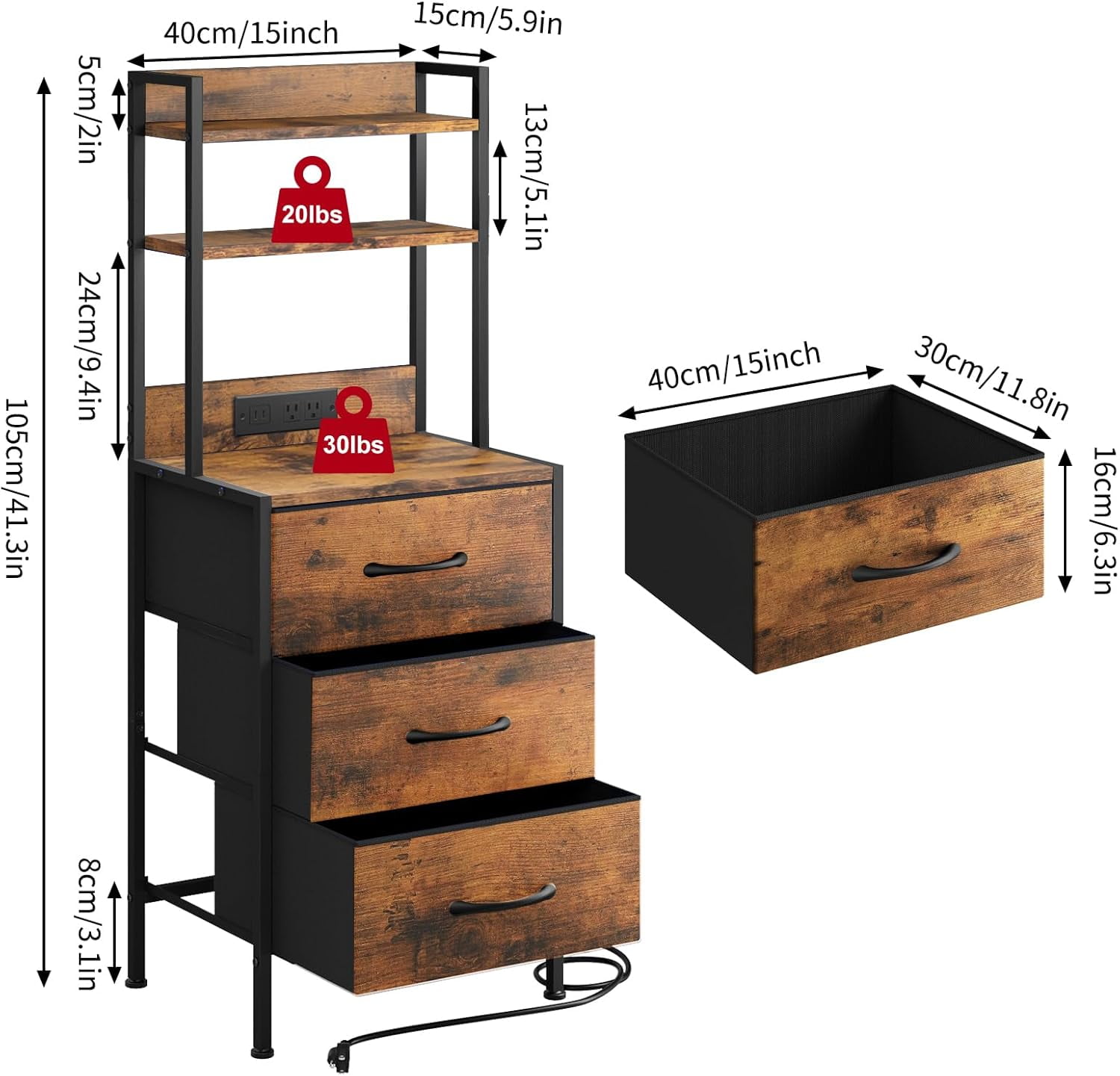 41 Inch Tall Nightstand with Charging Station, Led Night Stand with U-S ...