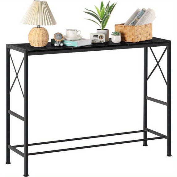 41" Industrial Black Wood Console Table with X-Shape Metal Frame ...