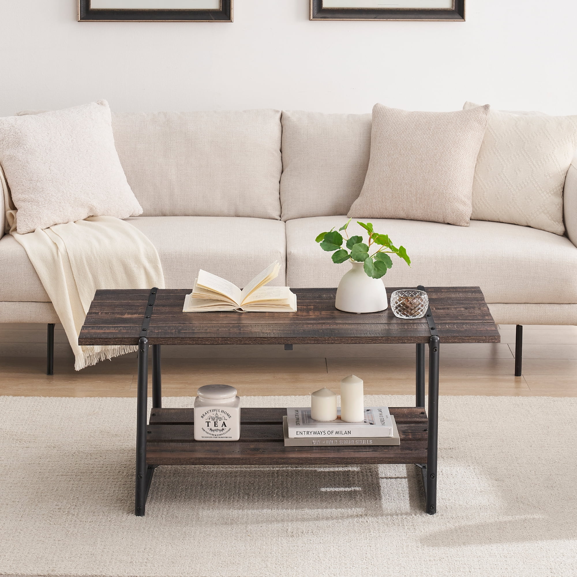 41'' Large 2-Tier Industrial Wood Coffee Table with Storage Shelf ...