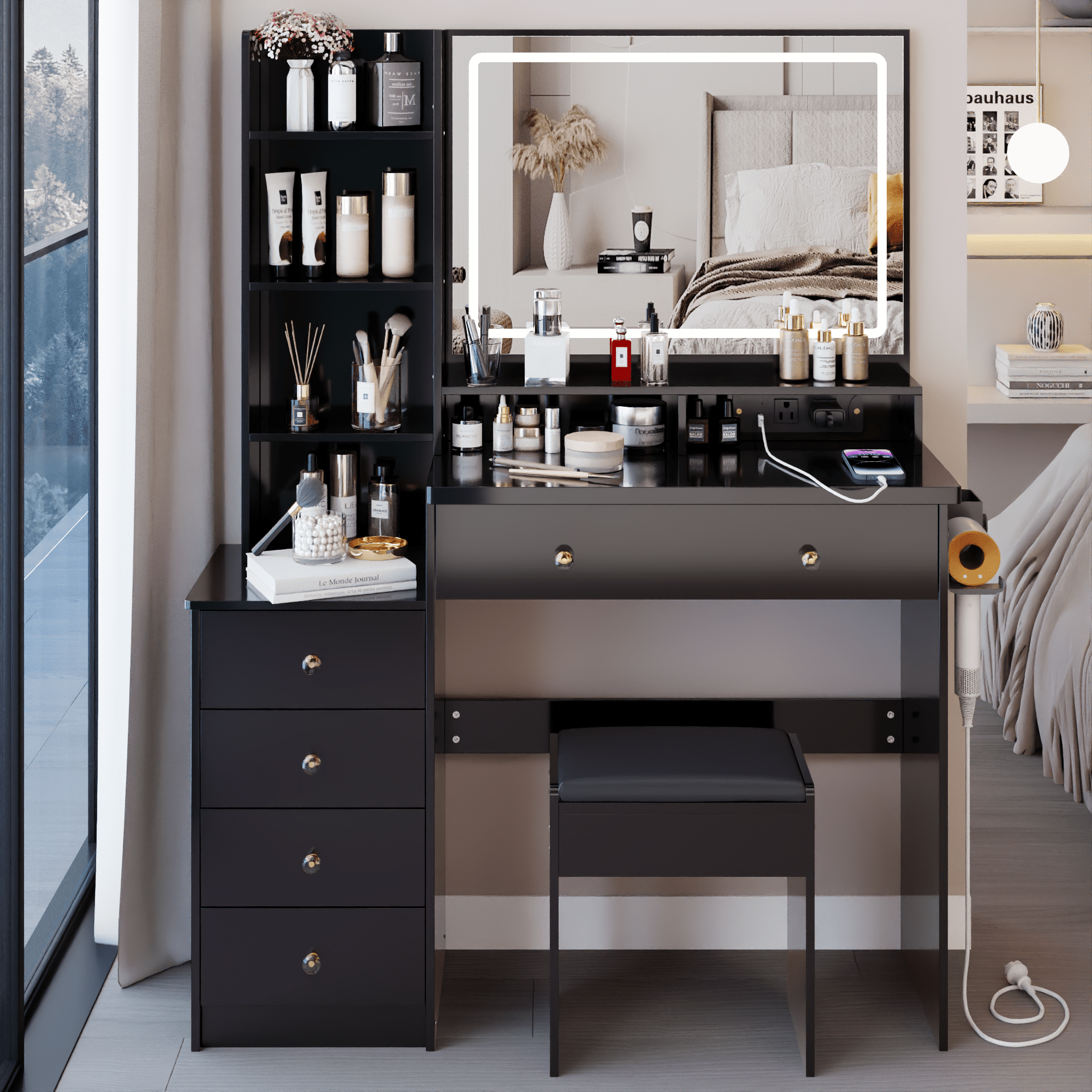 41" Large Size Left Bedside Cabinet Vanity Table+Cushioned Stool ...