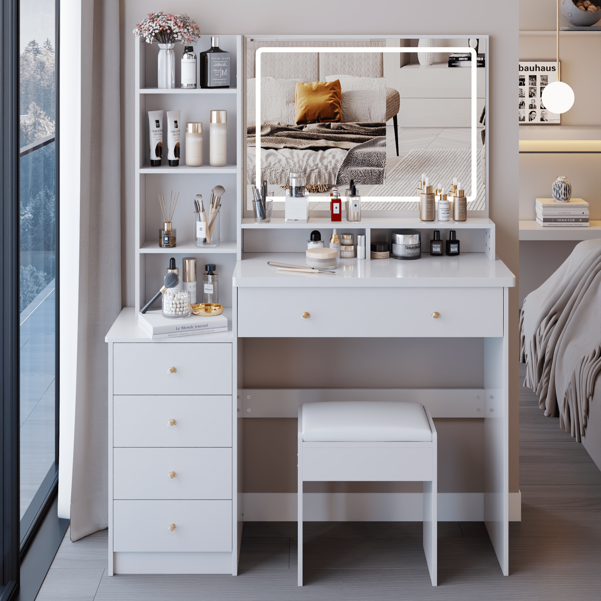 41" Large Size Left Bedside Cabinet Vanity Table+Cushioned Stool, Extra ...