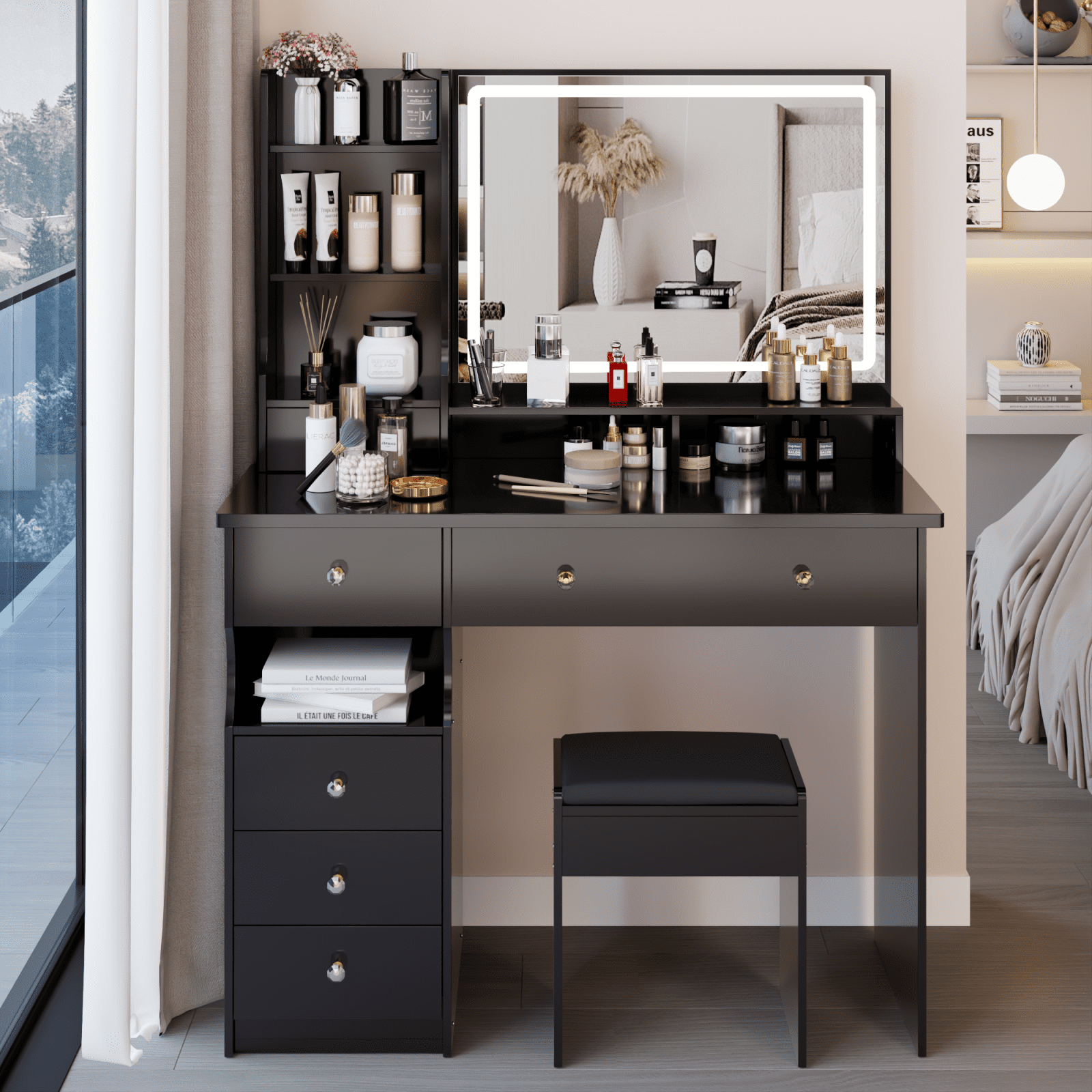 41" Large Size Left Drawer Desktop Vanity Table&Cushioned Stool, Extra ...