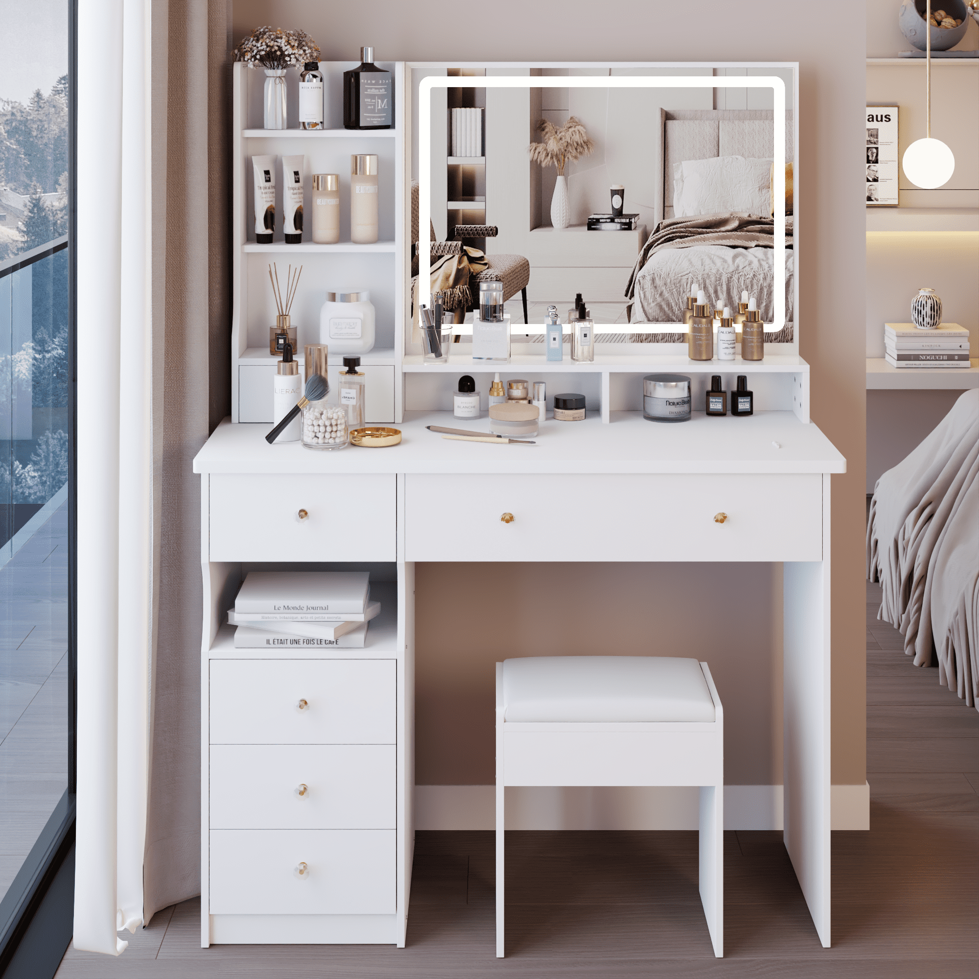 41" Large Vanity Table with LED Mirror & Stool, MDF Makeup Dresser for ...