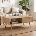 41" Modern Coffee Table, Rattan Coffee Table with Solid Wood Legs and ...