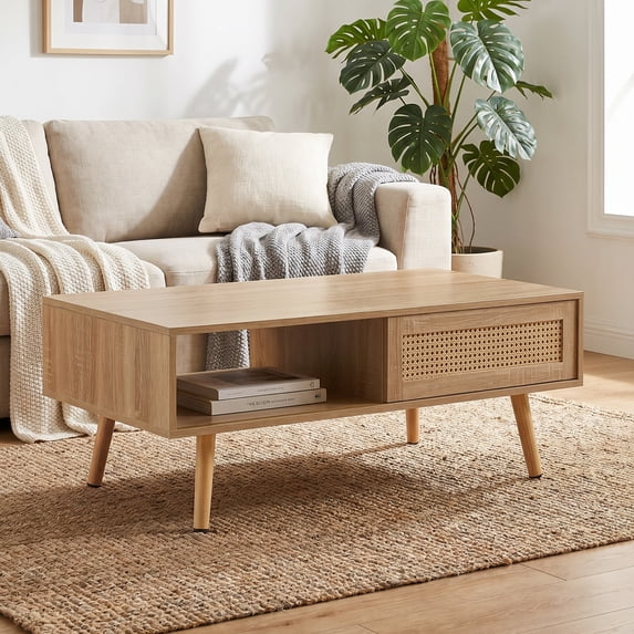 41" Modern Coffee Table, Rattan Coffee Table with Solid Wood Legs and ...