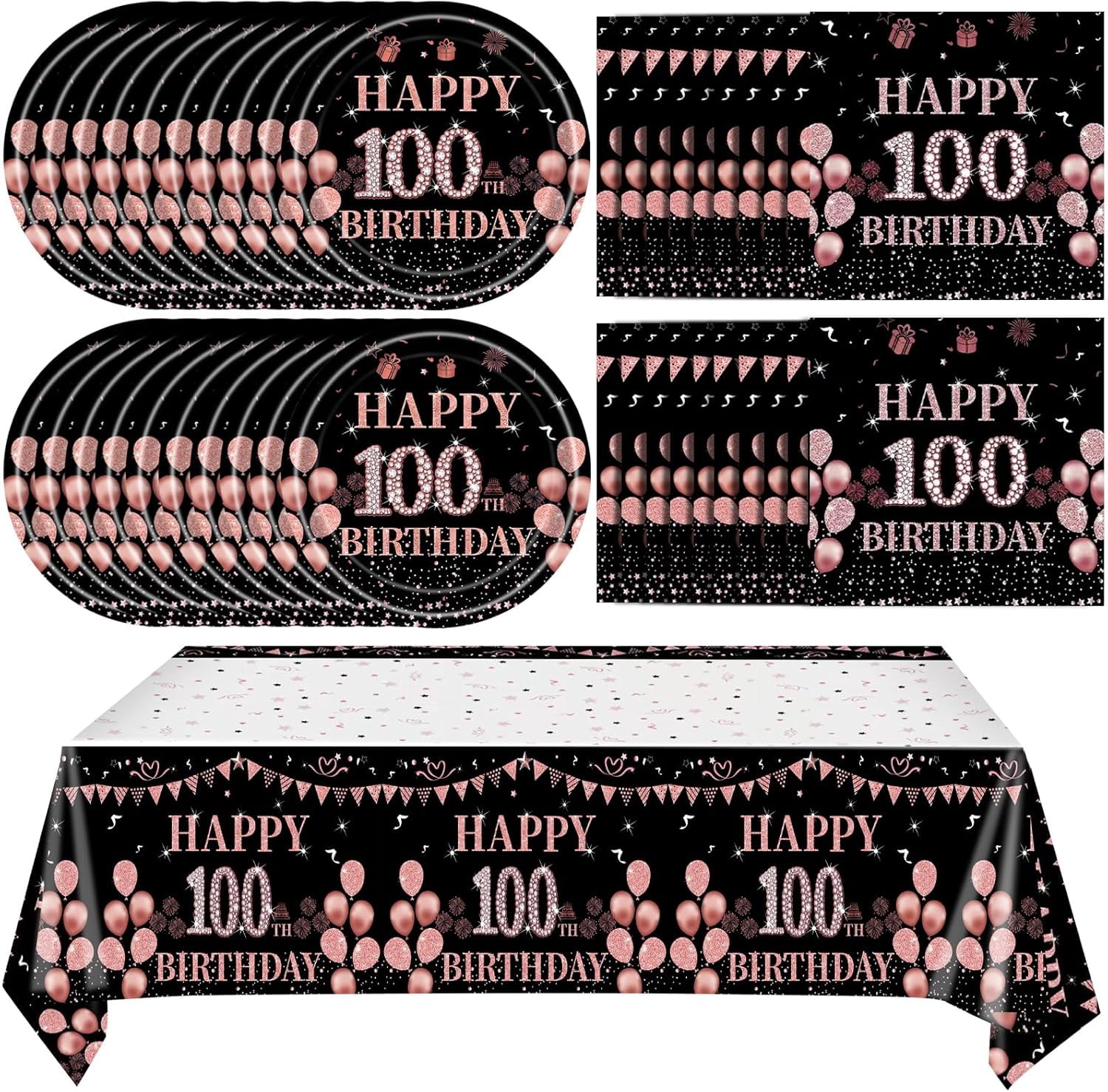 41 Pcs Black & Rose Gold 100th Birthday Tableware Set, 7" Plates ...