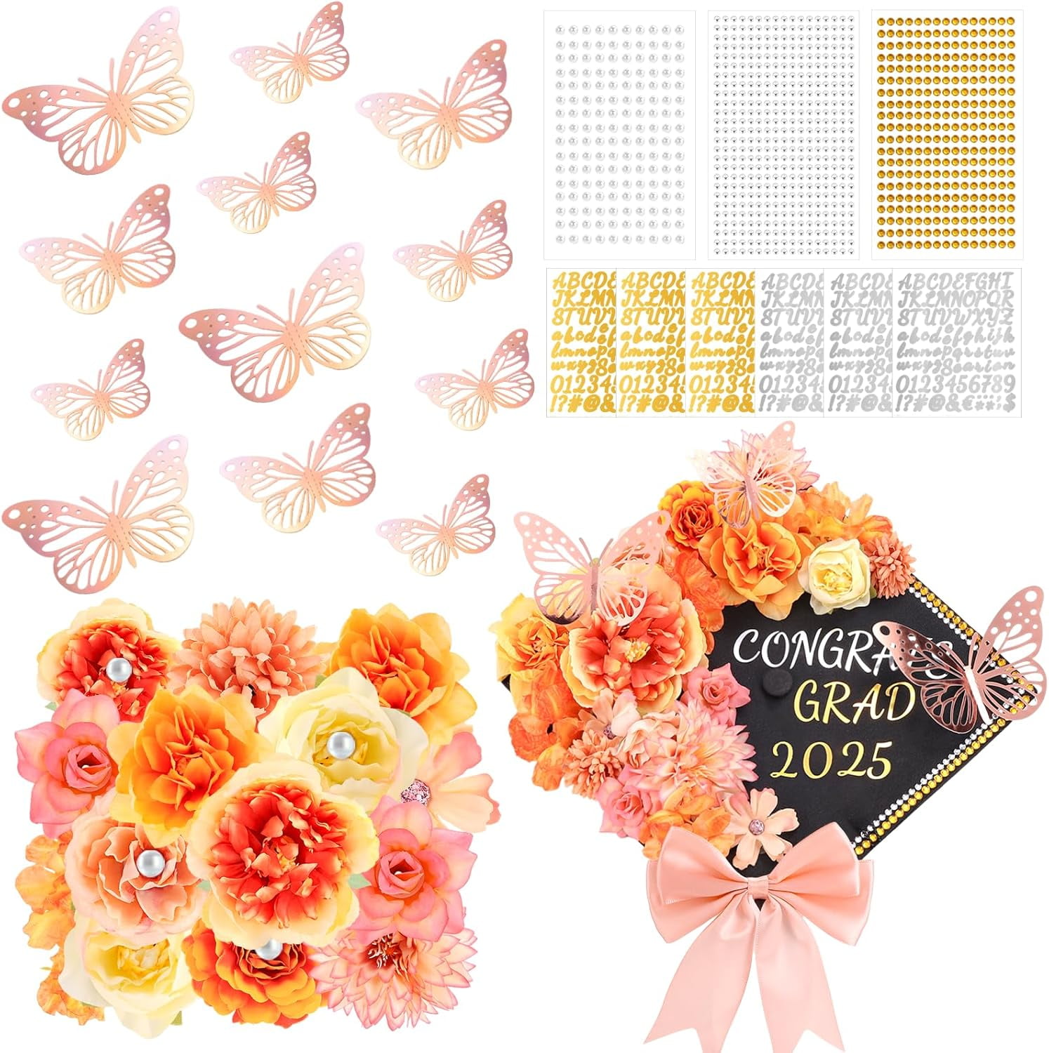 41 Pcs DIY Graduation Cap Decorations Kit with Silk Flowers, 3D ...