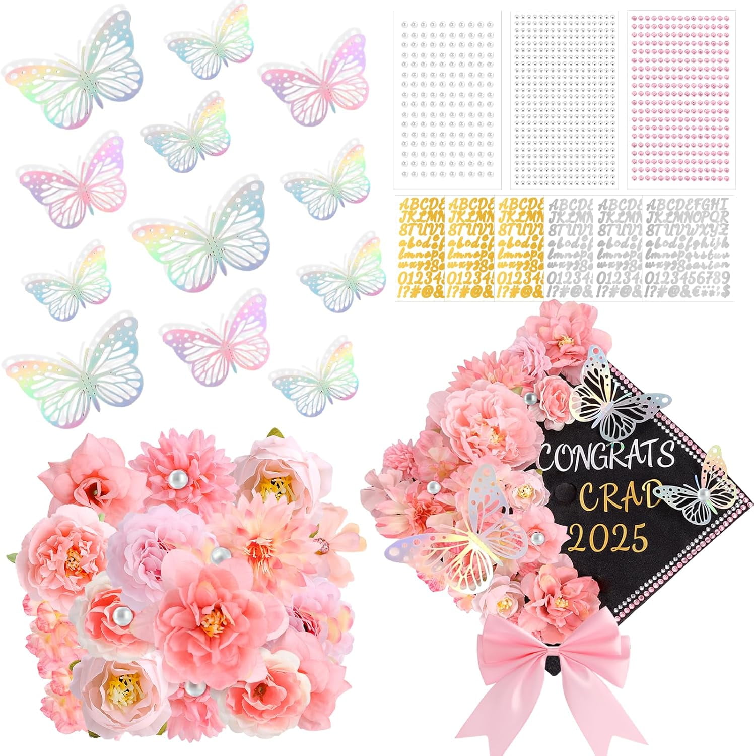 41 Pcs DIY Graduation Cap Decorations Kit with Silk Flowers, 3D ...