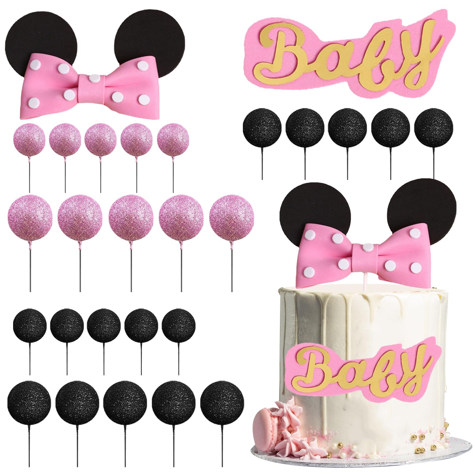 41 Pcs PinkTRDN Mouse Cake Topper,Pink Bow and Ears Theme Party ...