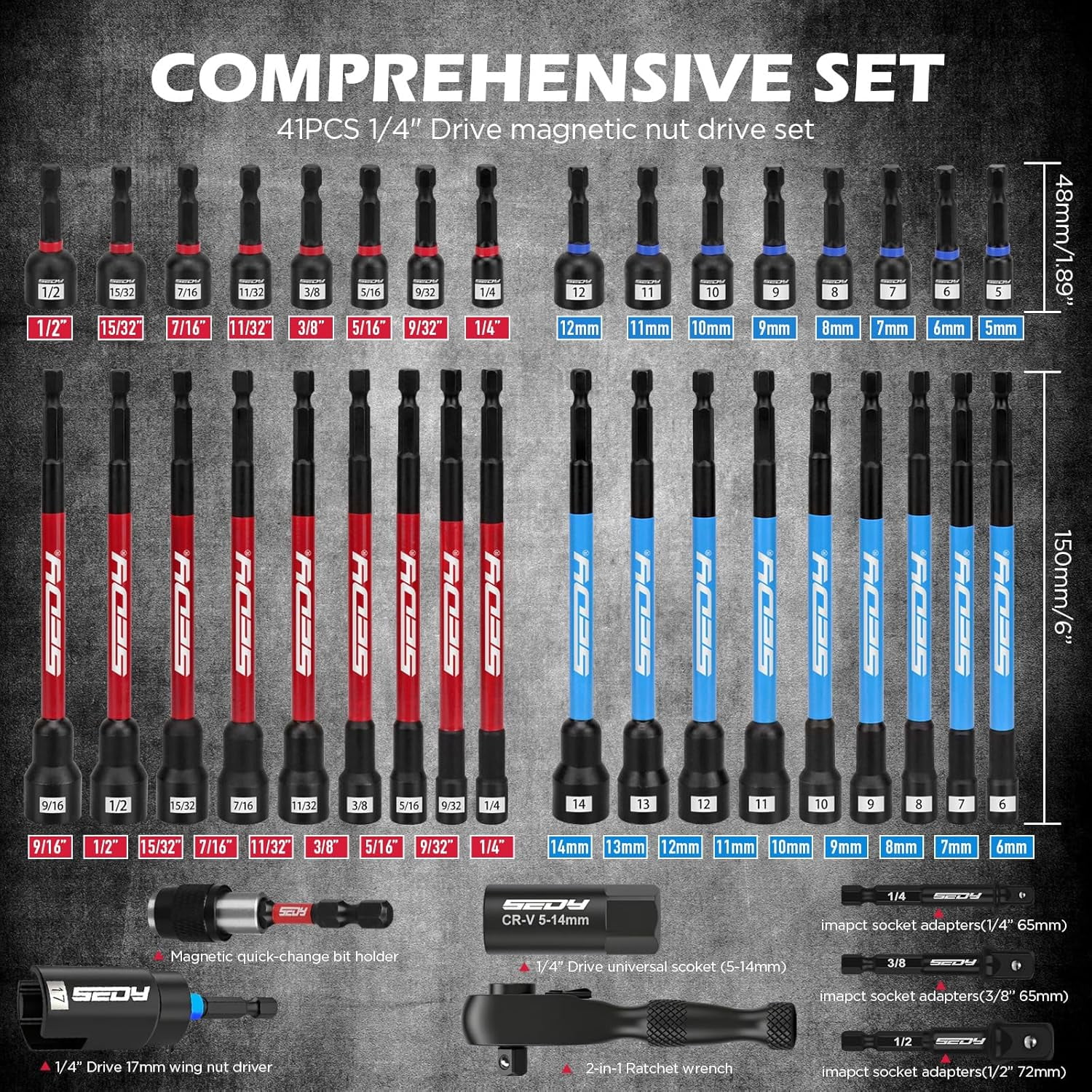 41-Piece Premium 1/4" Drive Magnetic Impact Nut Driver Set Metric & SAE ...