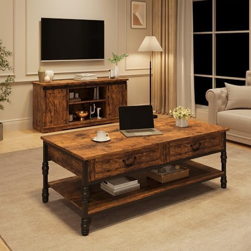 41" Rustic Coffee Table with 2 Storage Drawers, Rectangular Coffee ...