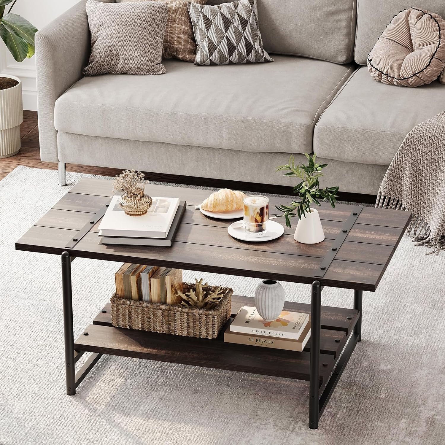 41" Rustic Farmhouse Coffee Table, Modern Minimalist Wood and Metal Living Room Table, 2 Tie ...