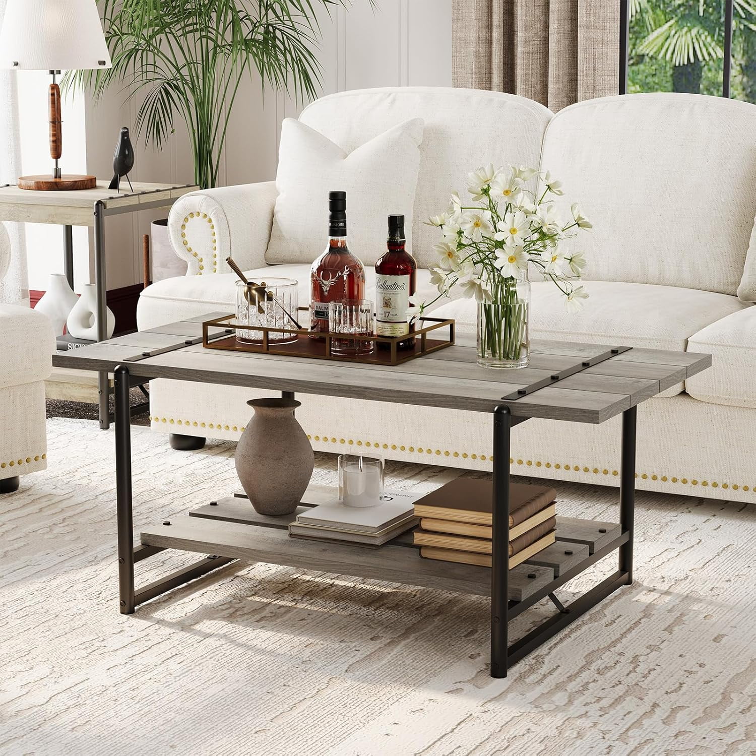 41" Rustic Farmhouse Coffee Table, Modern Minimalist Wood and Metal Living Room Table, 2 Tie ...