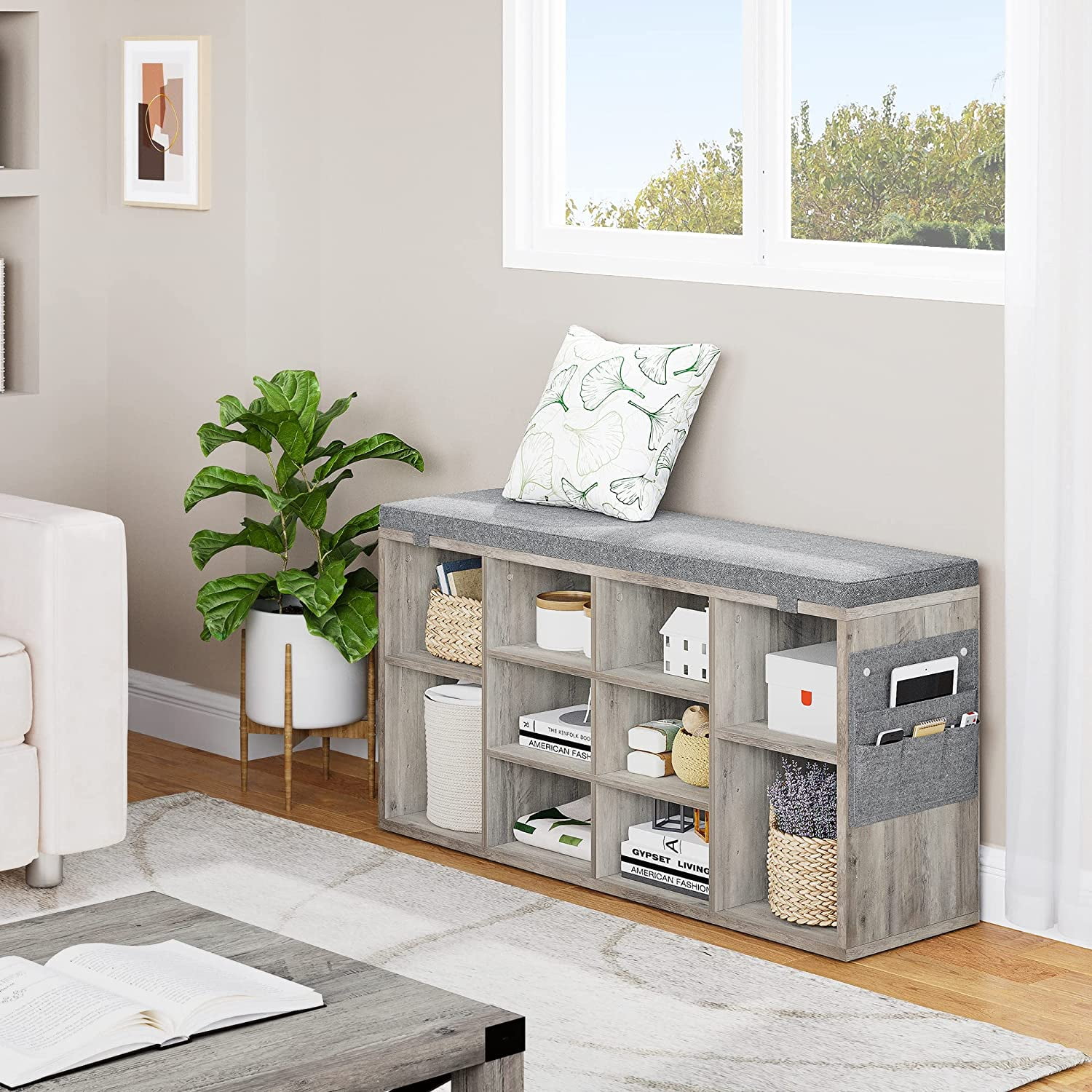 41" Shoe Storage Bench with Padded Seat, 10 Cubes, Adjustable Shelves ...