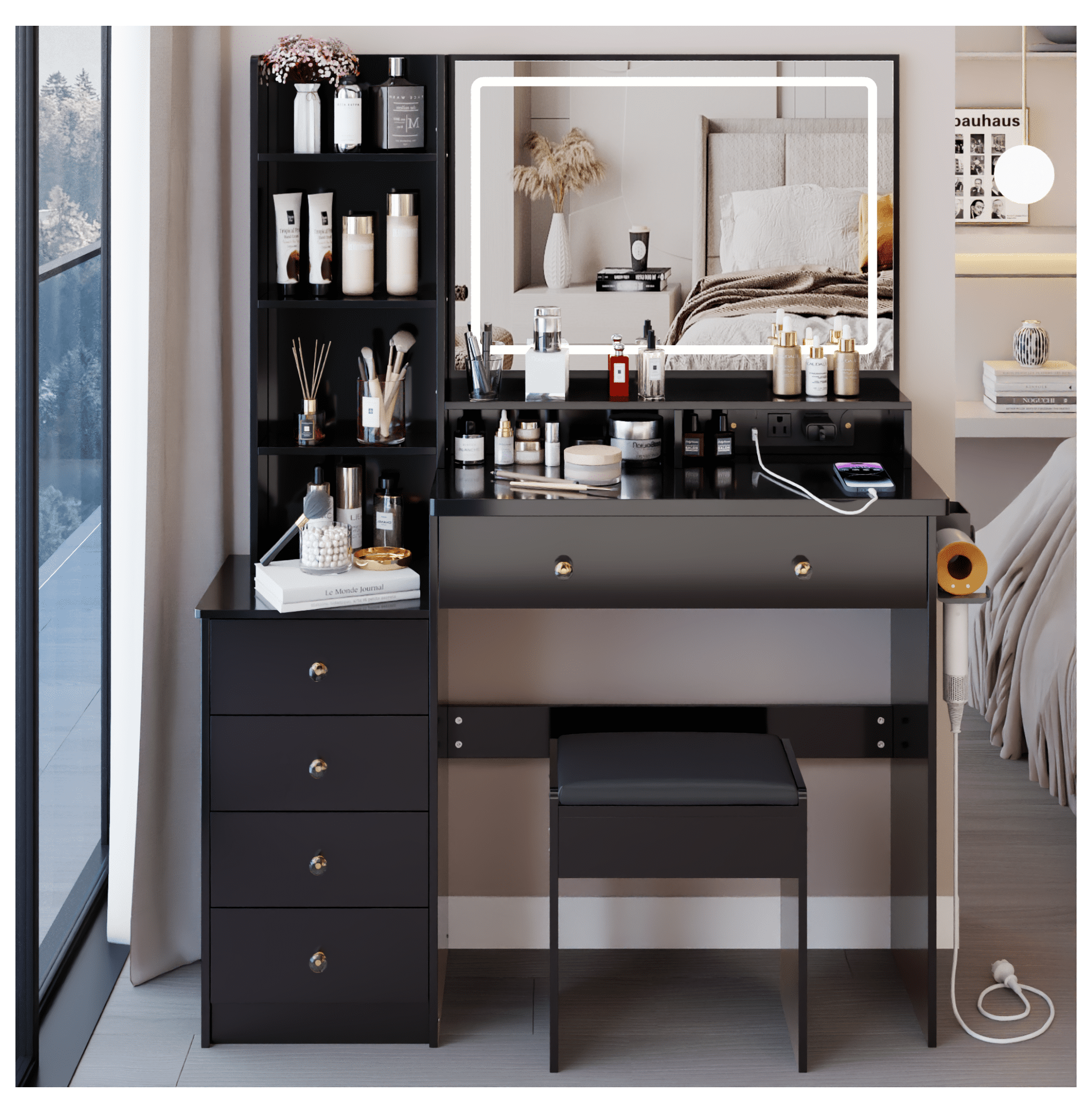 41" Vanity Table with Left Cabinet, Cushioned Stool, USB Power Station ...
