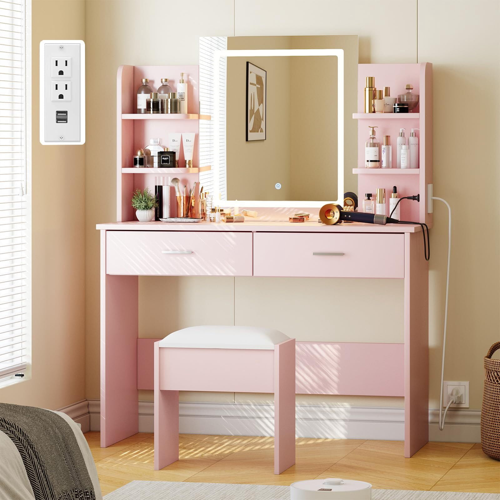 41" Wide Vanity Desk with LED Lighted Mirror & Power Outlet & 6 Shelves ...