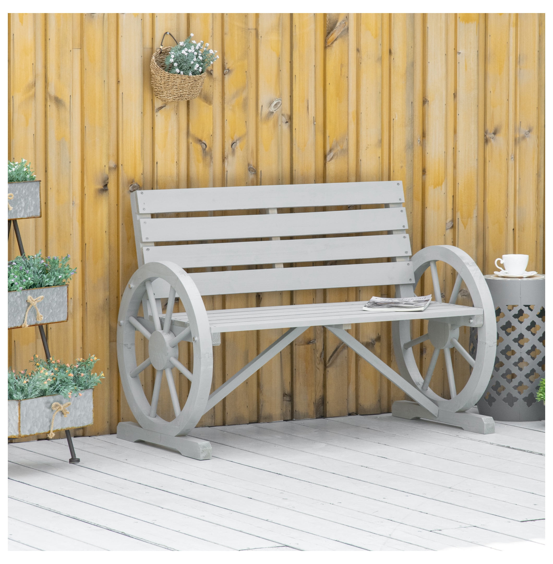 41" Wooden Wagon Wheel Bench, Rustic Outdoor Patio Furniture, 2-Person ...