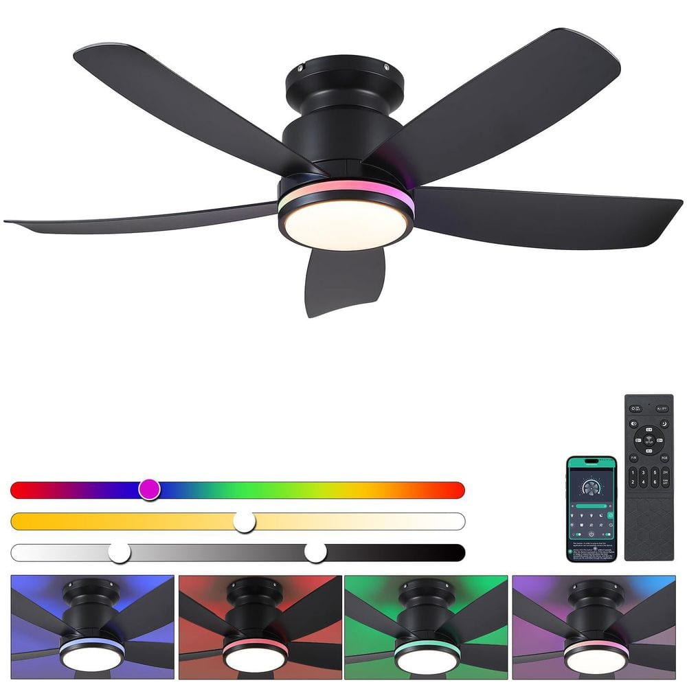 41 in. Indoor/Outdoor Modern Black 6-Speed Ceiling Fan with RGB Color ...