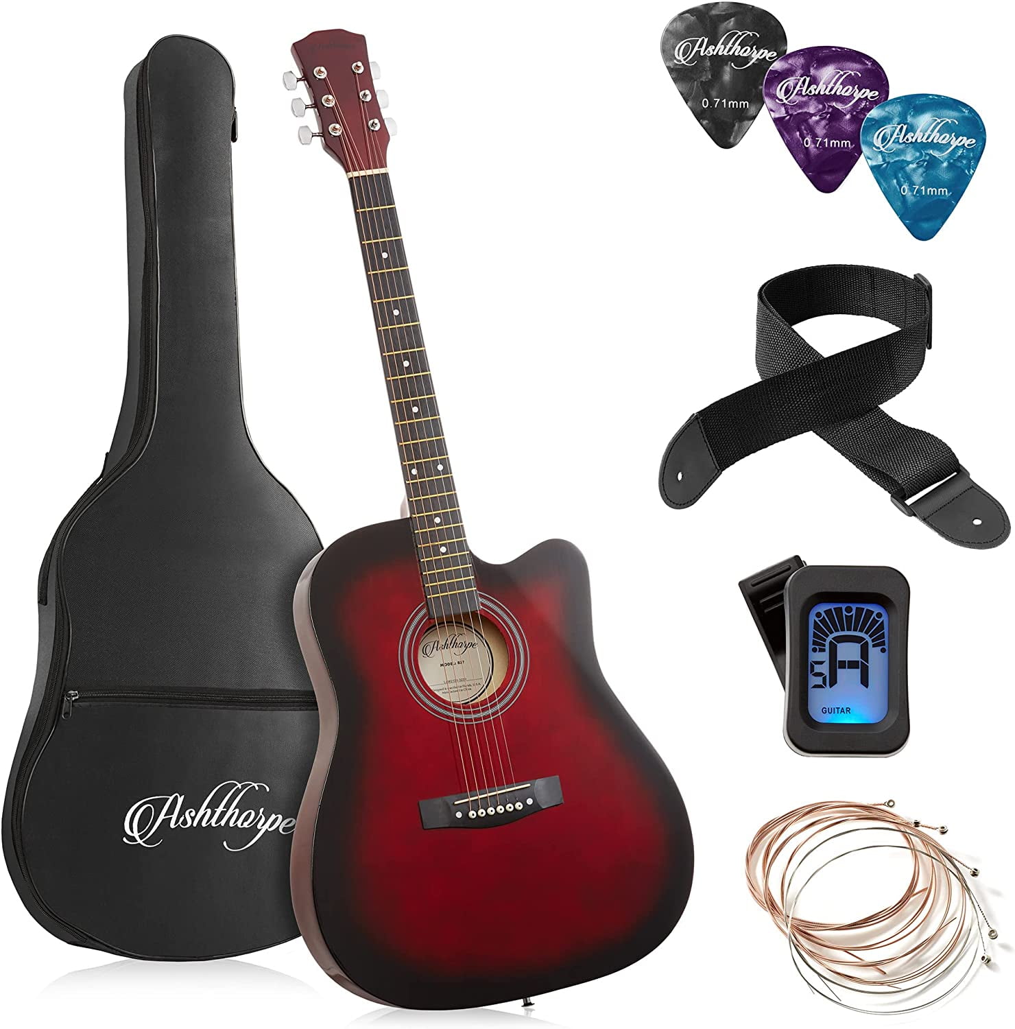 41-inch Beginner Cutaway Acoustic Guitar Package (Red), Full Size Basic ...