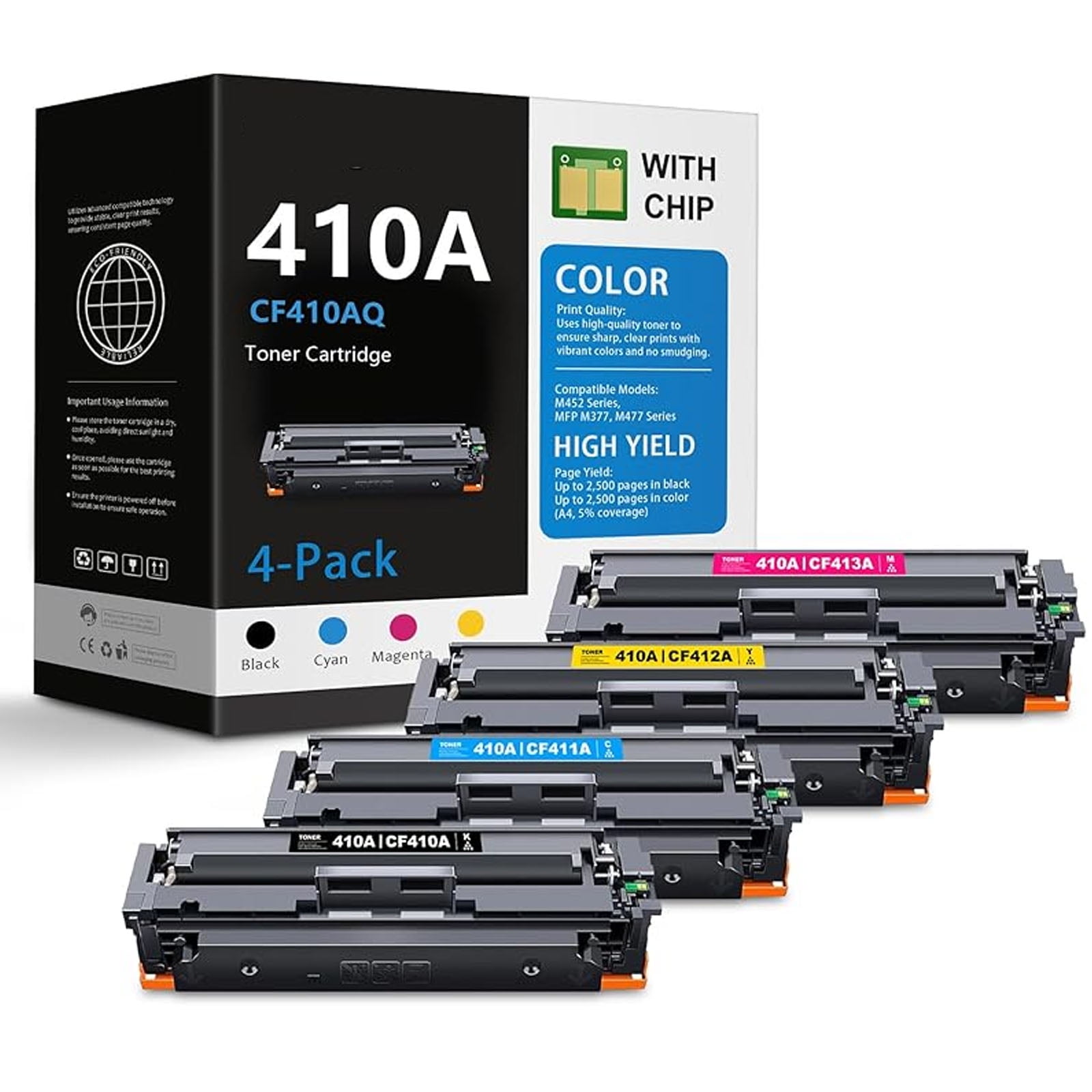 410A Toner Cartridges 4-Pack (BK/C/M/Y) - CF410AQ Toner Replacement for HP 410A Toner & 410A Ink ...