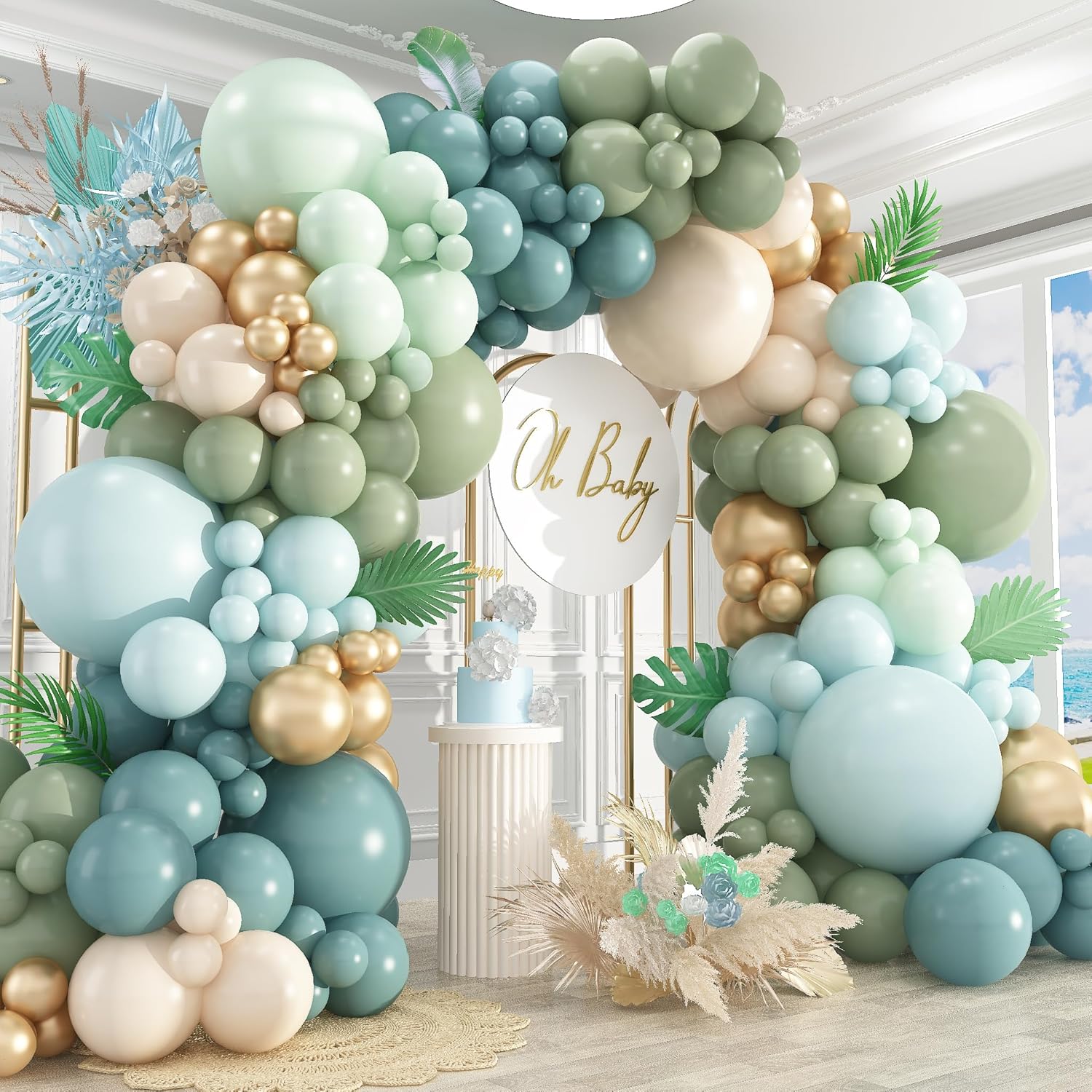 412Pcs Dusty Blue Green Balloon Garland Arch Kit,Haze Fog Blue Ash Mist ...