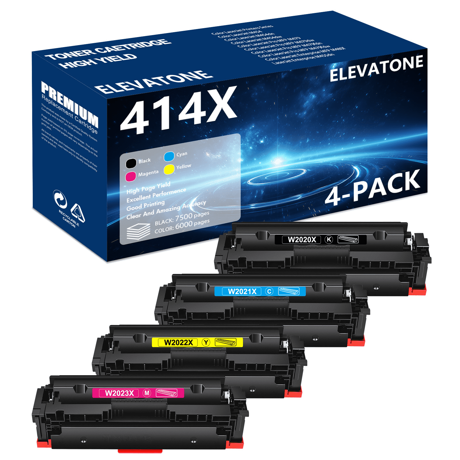 414X 4-Pack High Yield Toner Cartridge with Chip Compatible for HP W2020X 414X W2020A 414A ...