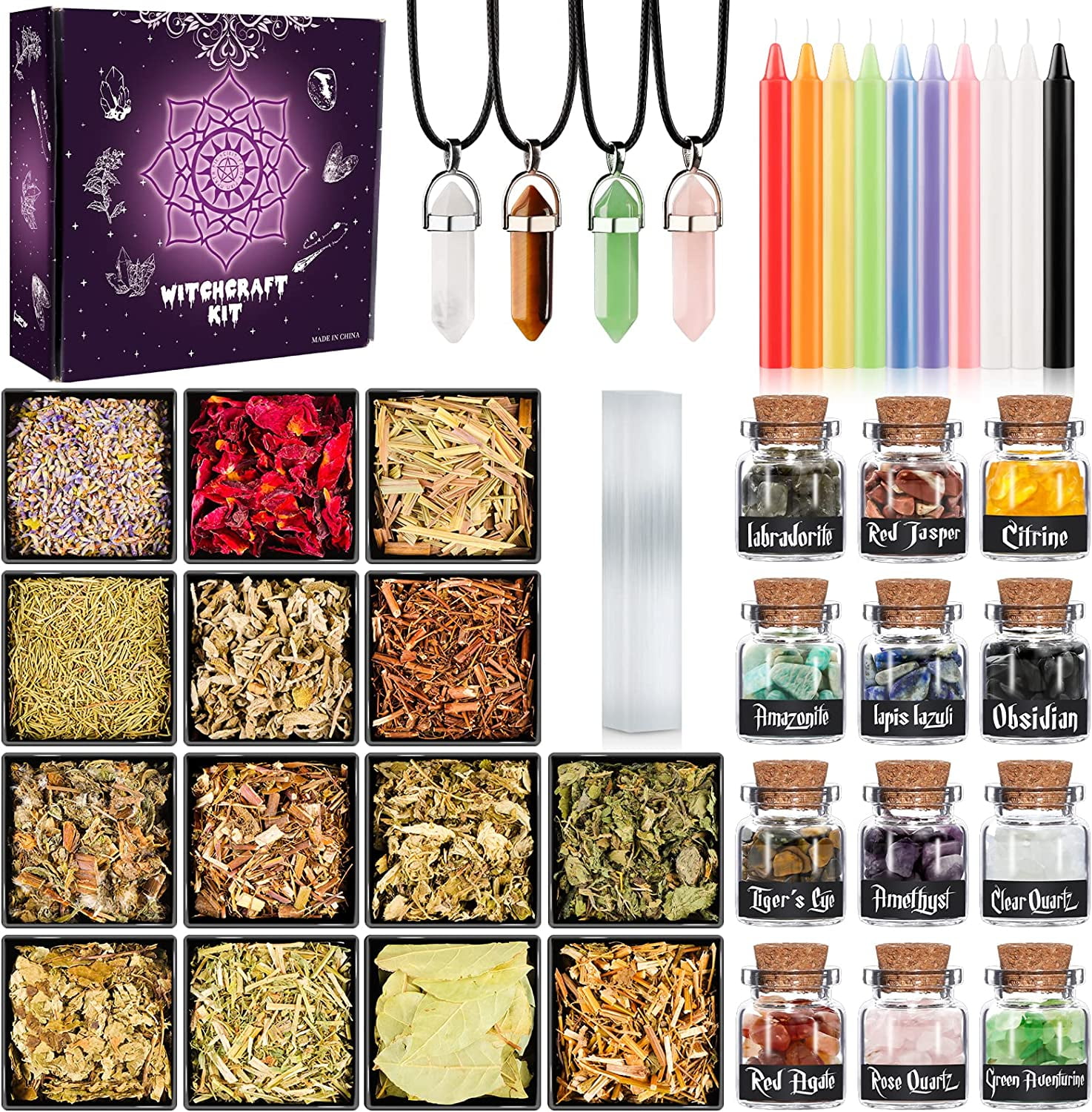 41PCS Witchcraft Supplies Kit Box for Witch - Crystals Spell Jars for ...