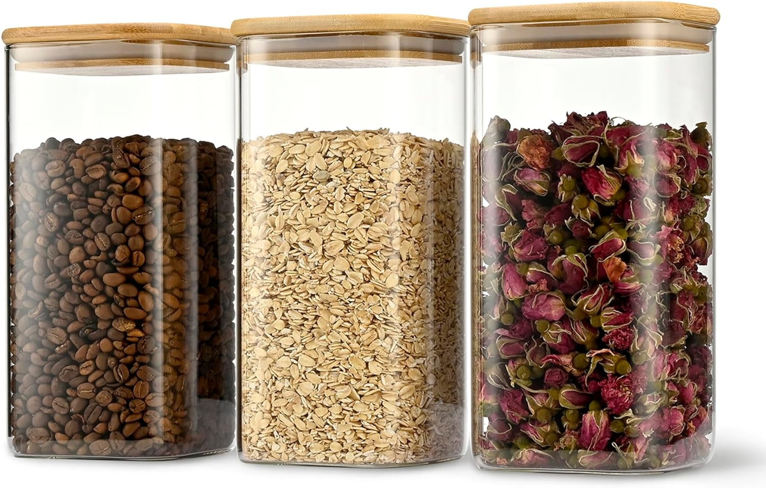 41oz Airtight Glass Square Storage Canister with Bamboo Lid Set of 4 ...